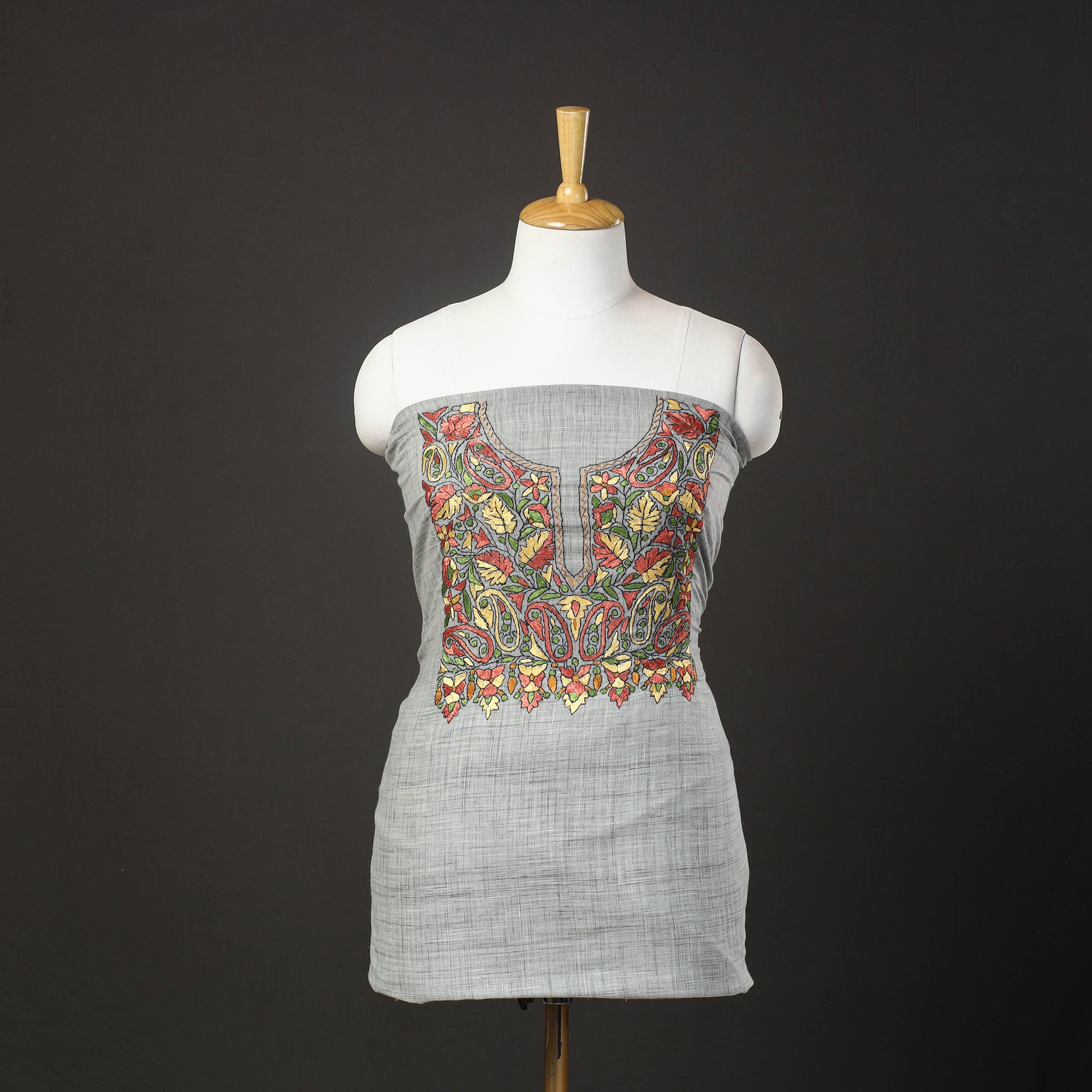 Grey Kashida Hand Embroidery Cotton Kurta Material