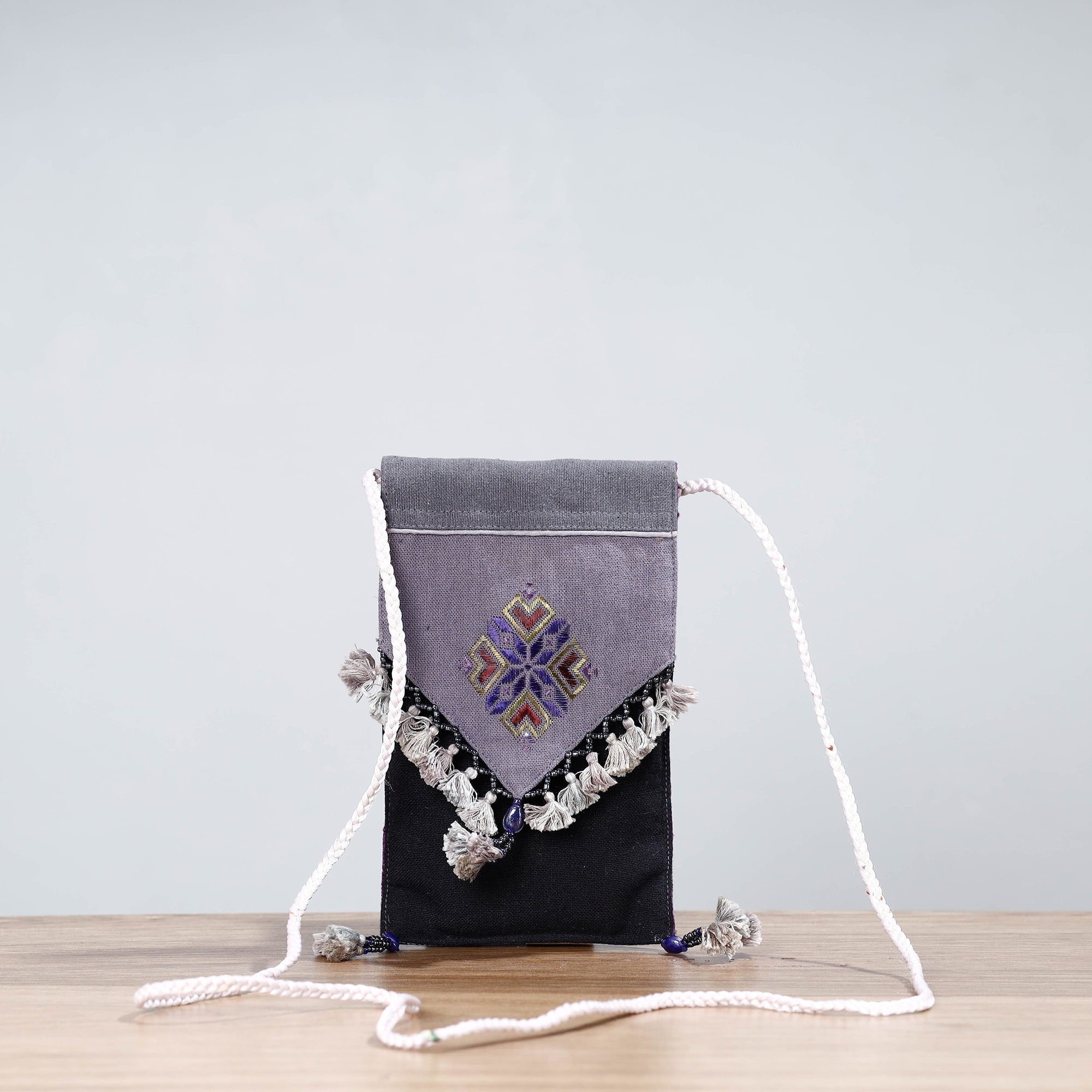Grey Soof Hand Embroidery Sling Mobile Pouch