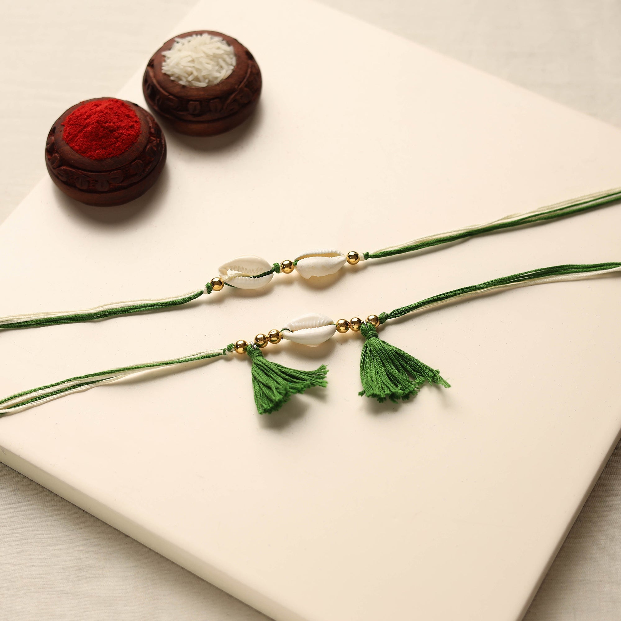 Handmade Shell & Bead Work Rakhi & Lumba Set