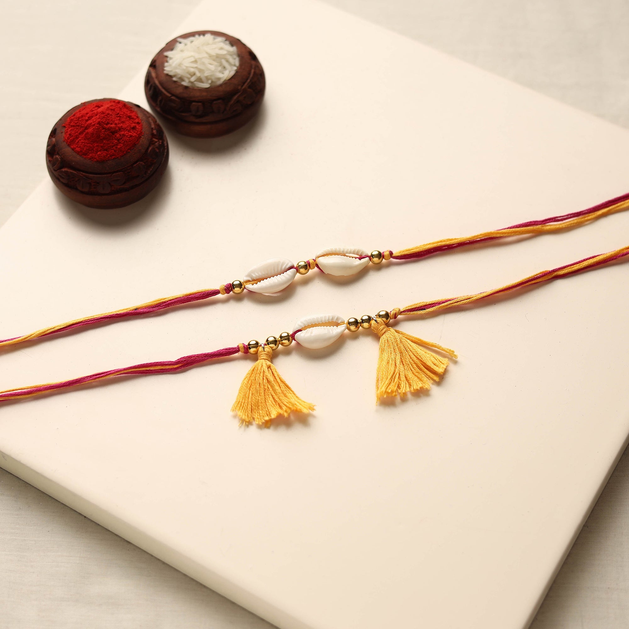 Handmade Shell & Bead Work Rakhi & Lumba Set