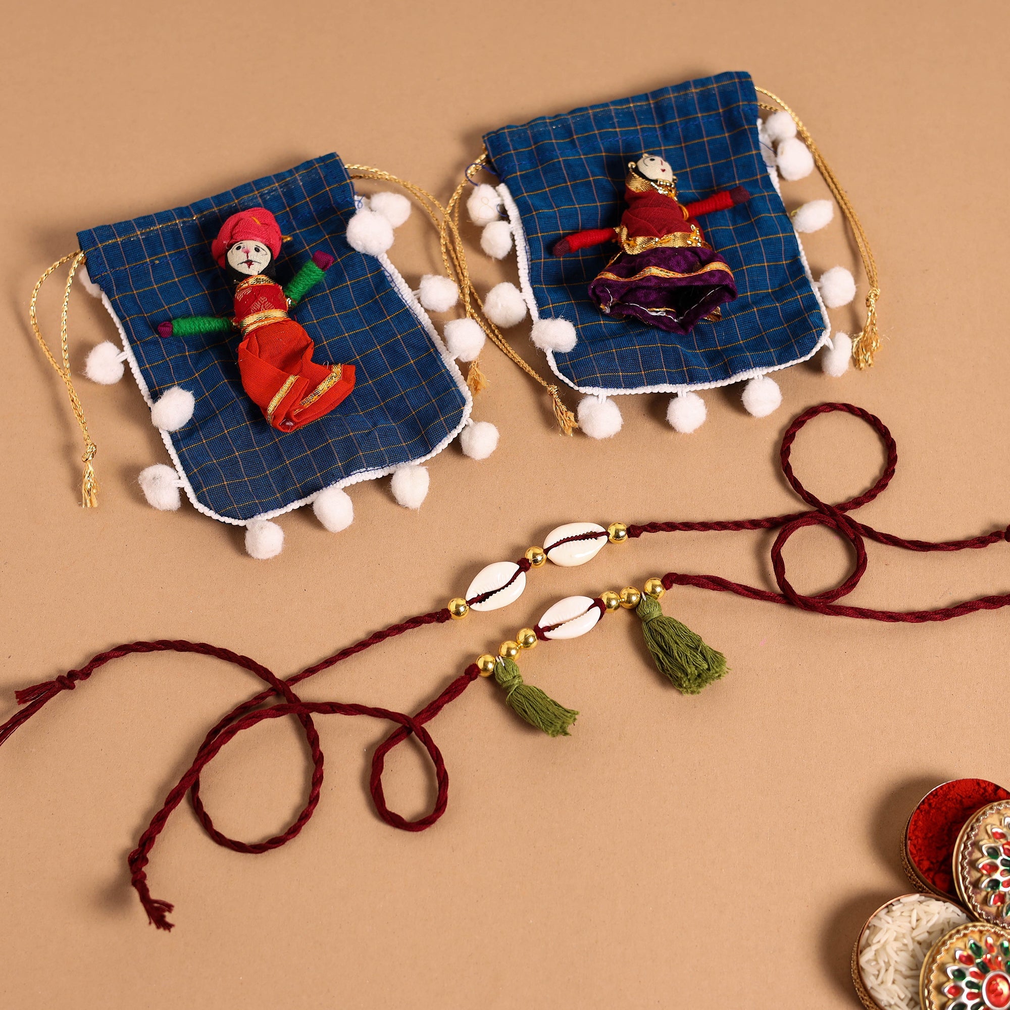 Handmade Shell & Bead Work Bhaiya Bhabhi Rakhi Set