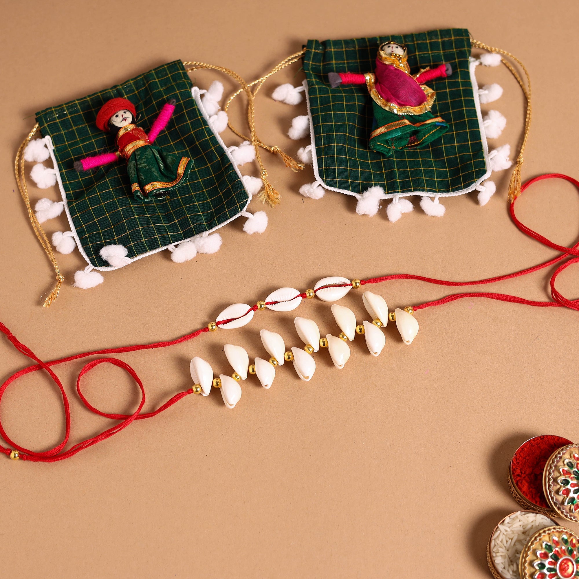 Handmade Shell & Bead Work Rakhi & Lumba Set
