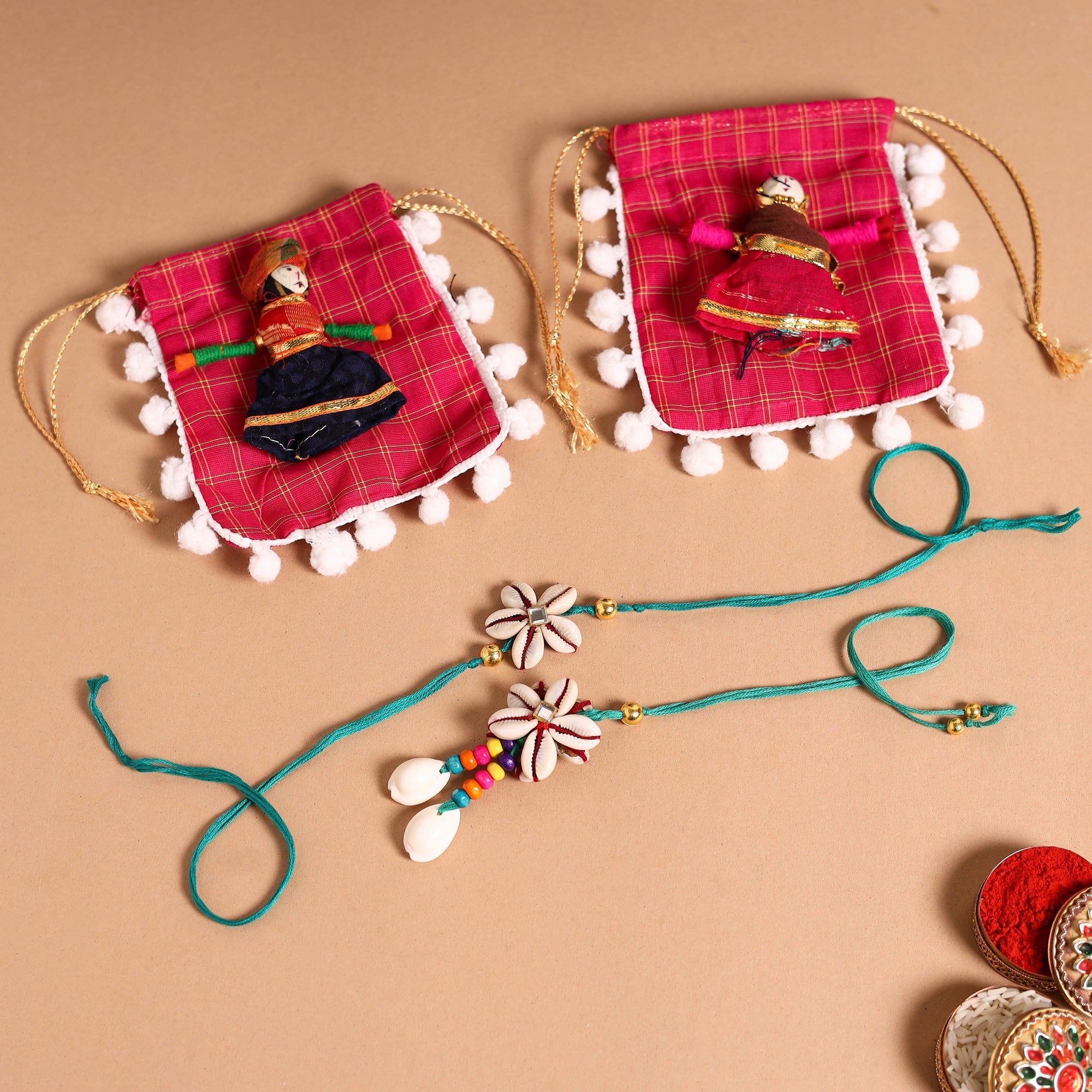Handmade Shell & Bead Work Rakhi & Lumba Set