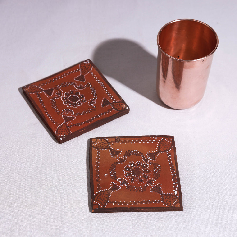 Khavda Pottery Terracotta Hand-painted Square Coasters (set of 2)