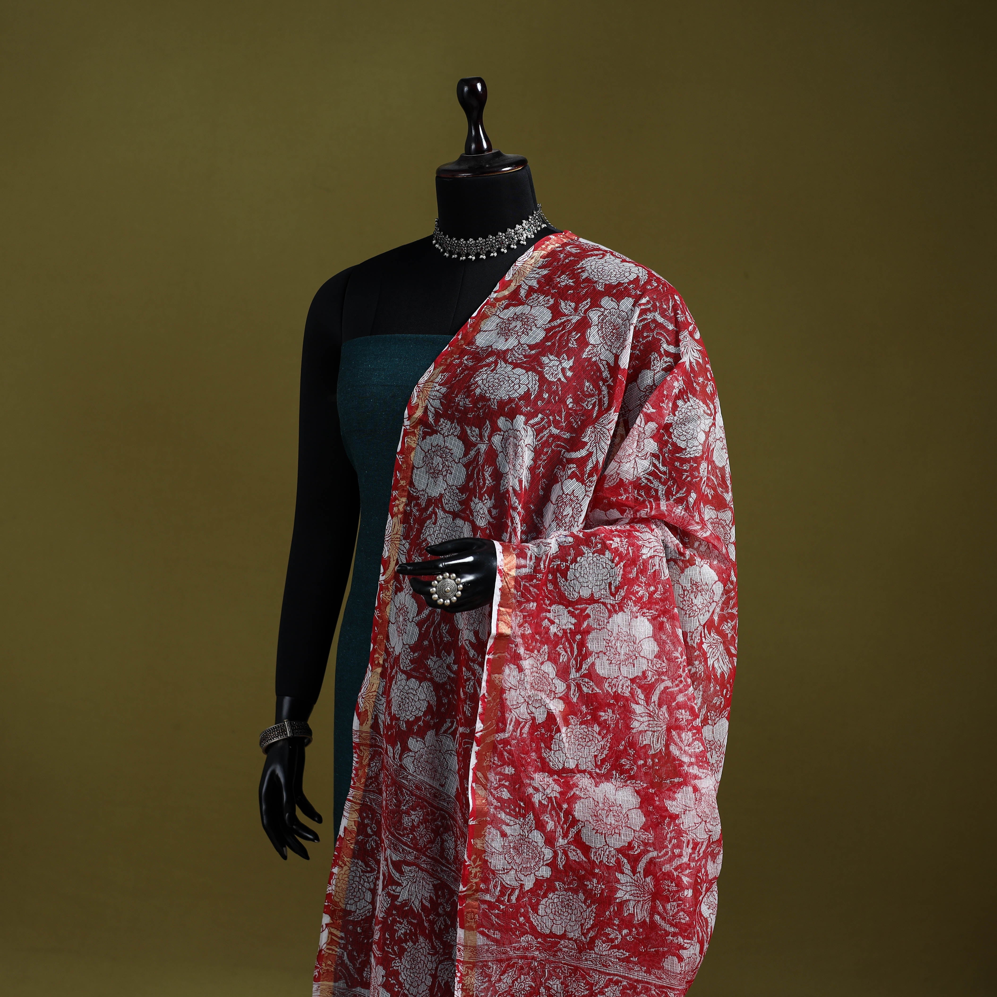 Block Print Kota Doria Silk Cotton Sanganeri Floral Dupatta