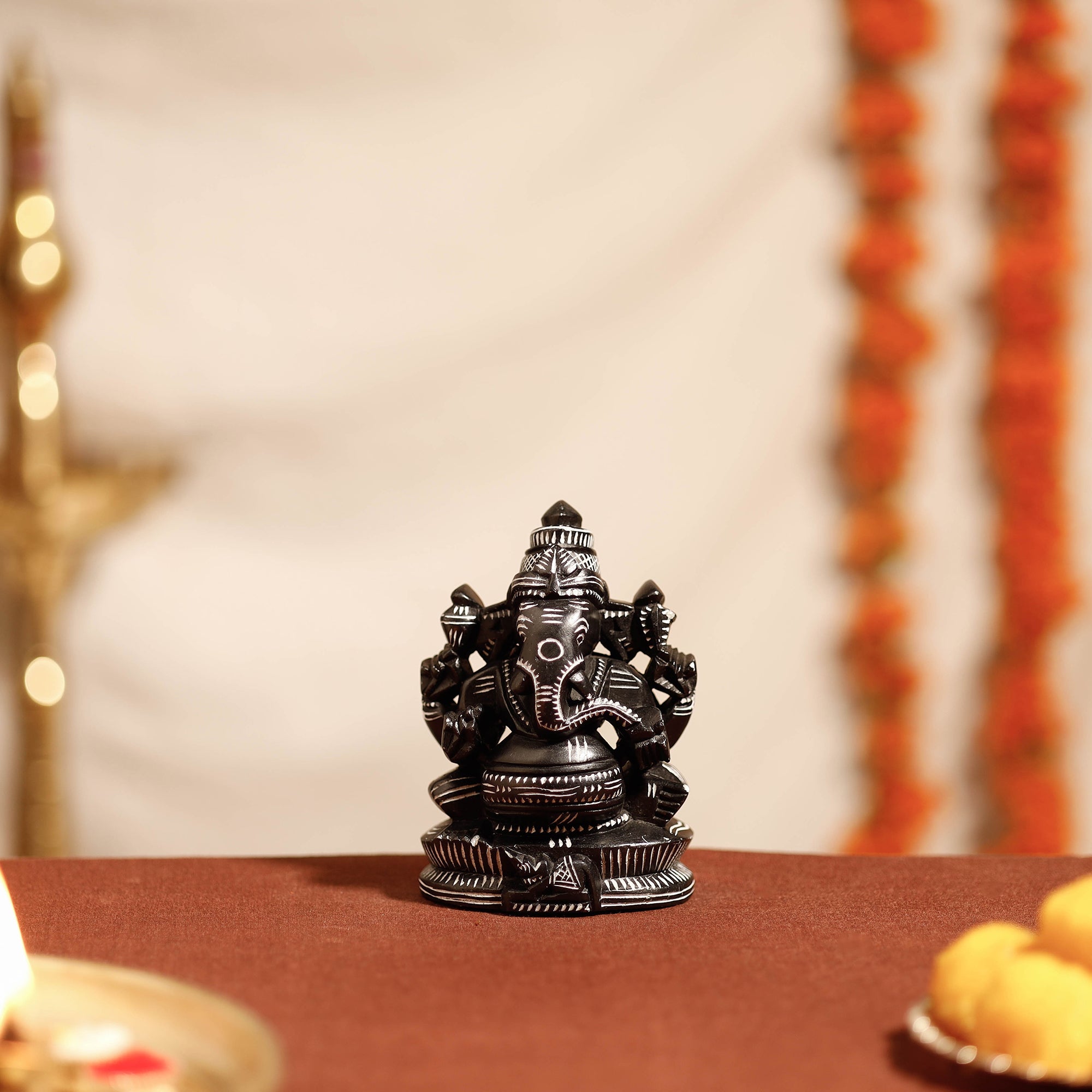 Mahabalipuram Stone Carving Chaturbhuja Fine Work Lord Ganesha Idol