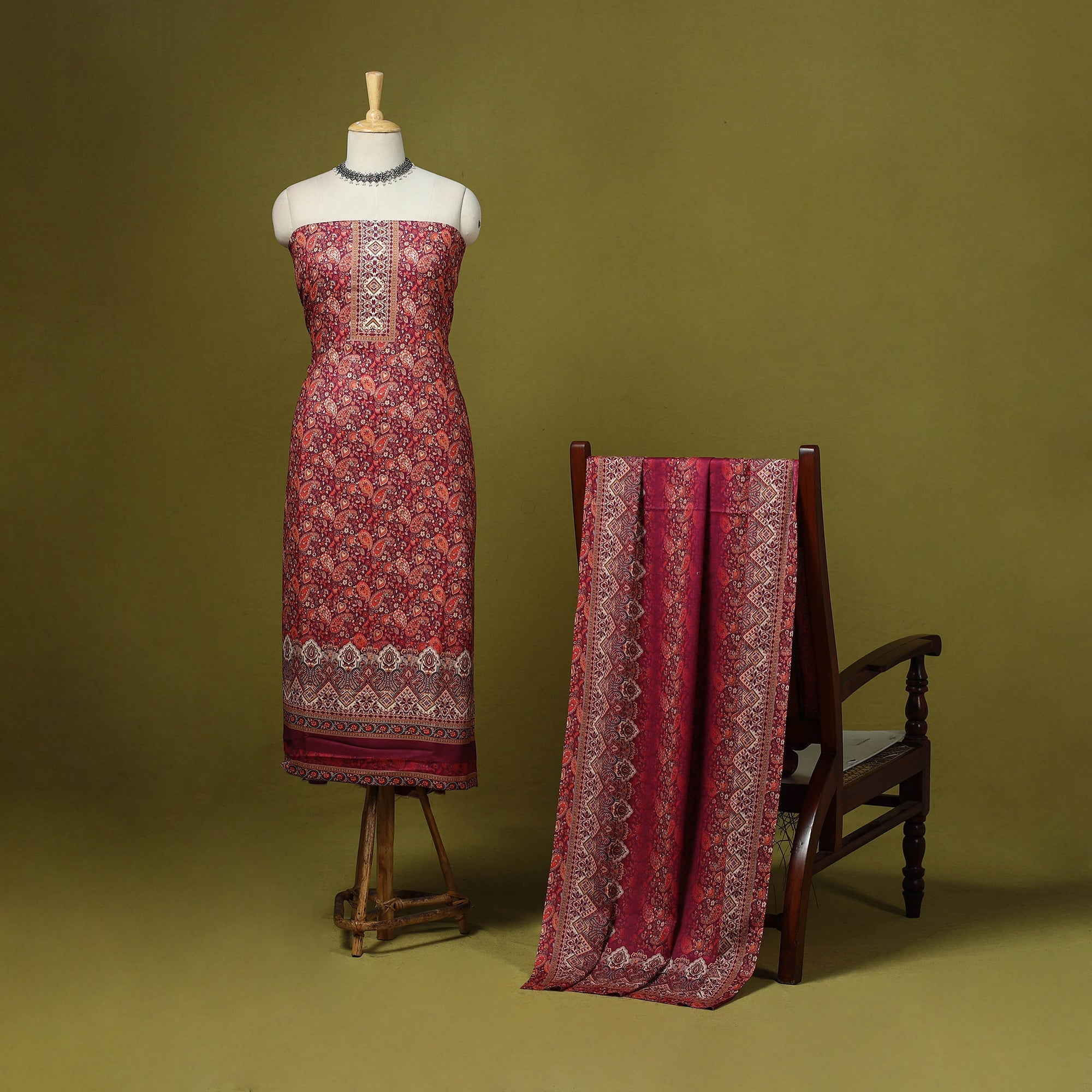 Maroon 3pc Digital Print Merino Wool Unstitched Dress Material