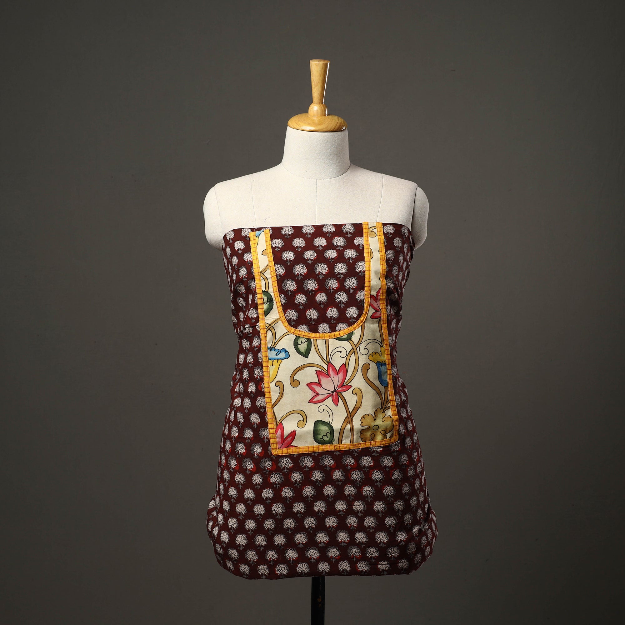 Maroon Bagru Print Cotton Kurta Material with Patchwork