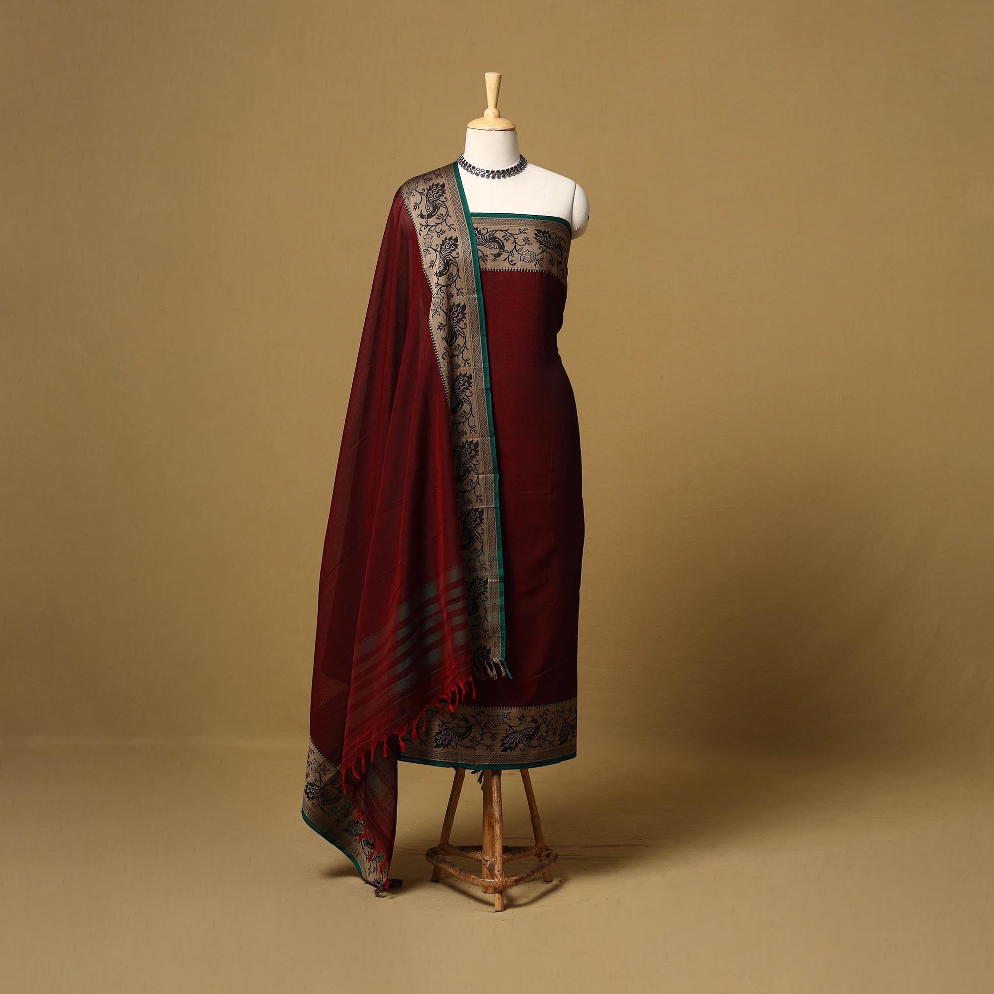 Maroon Dharwad Cotton 3pc Unstitched Dress Material with Border