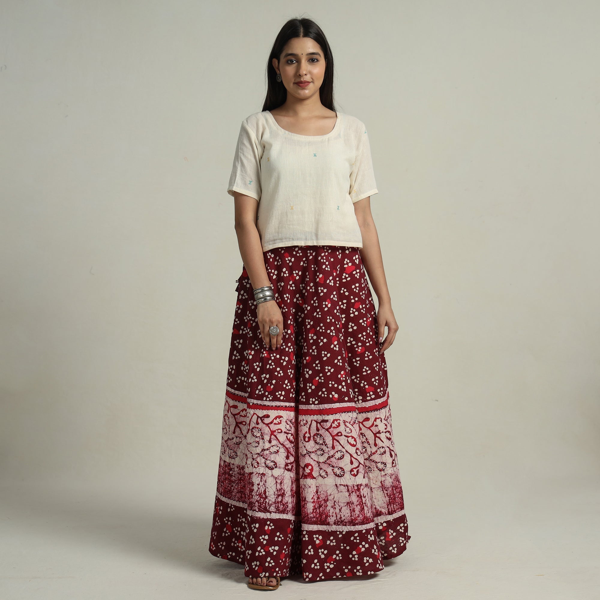 Maroon Hand Batik Printed Running Stitch Cotton Long Skirt