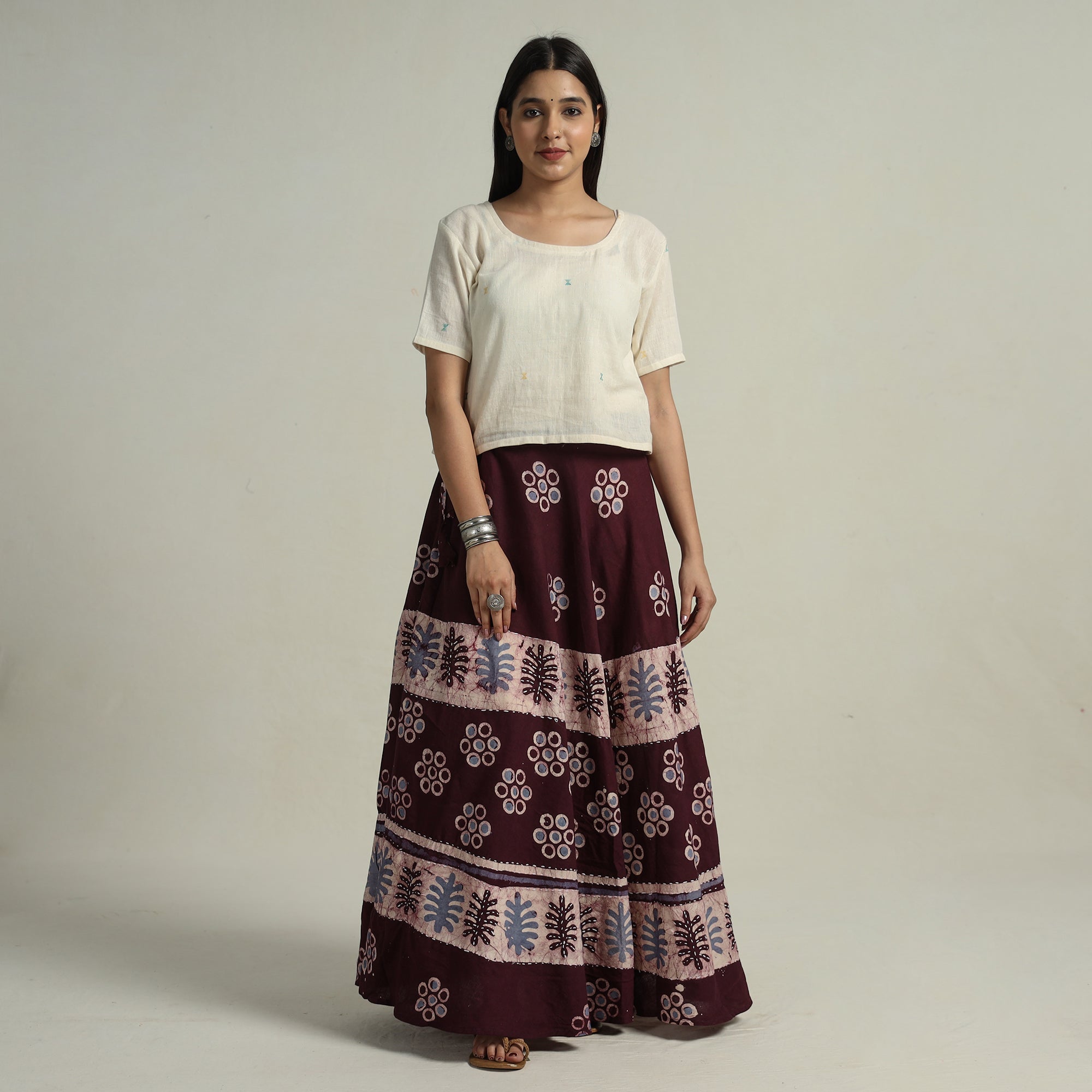 Maroon Hand Batik Printed Running Stitch Cotton Long Skirt
