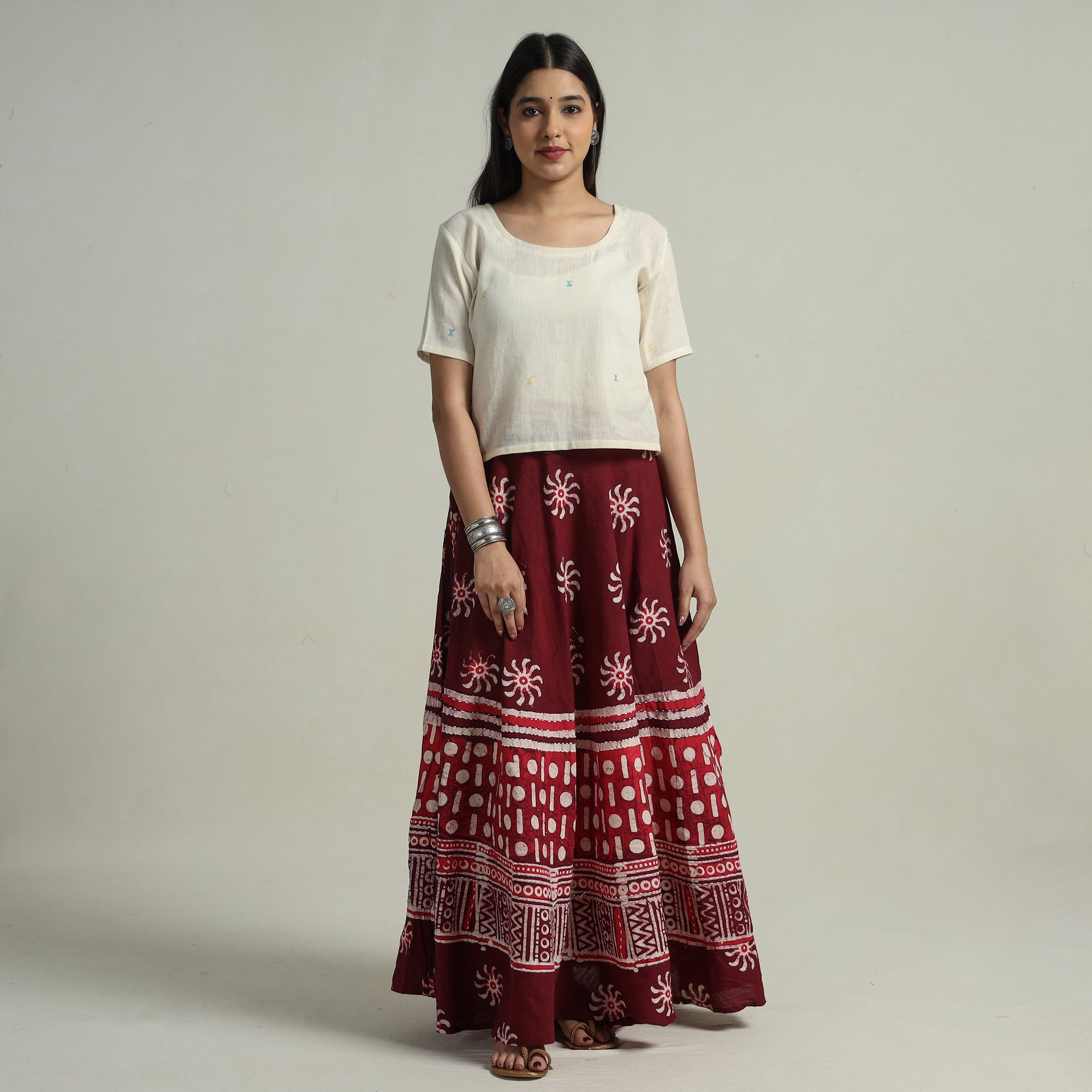 Maroon Hand Batik Printed Running Stitch Cotton Long Skirt