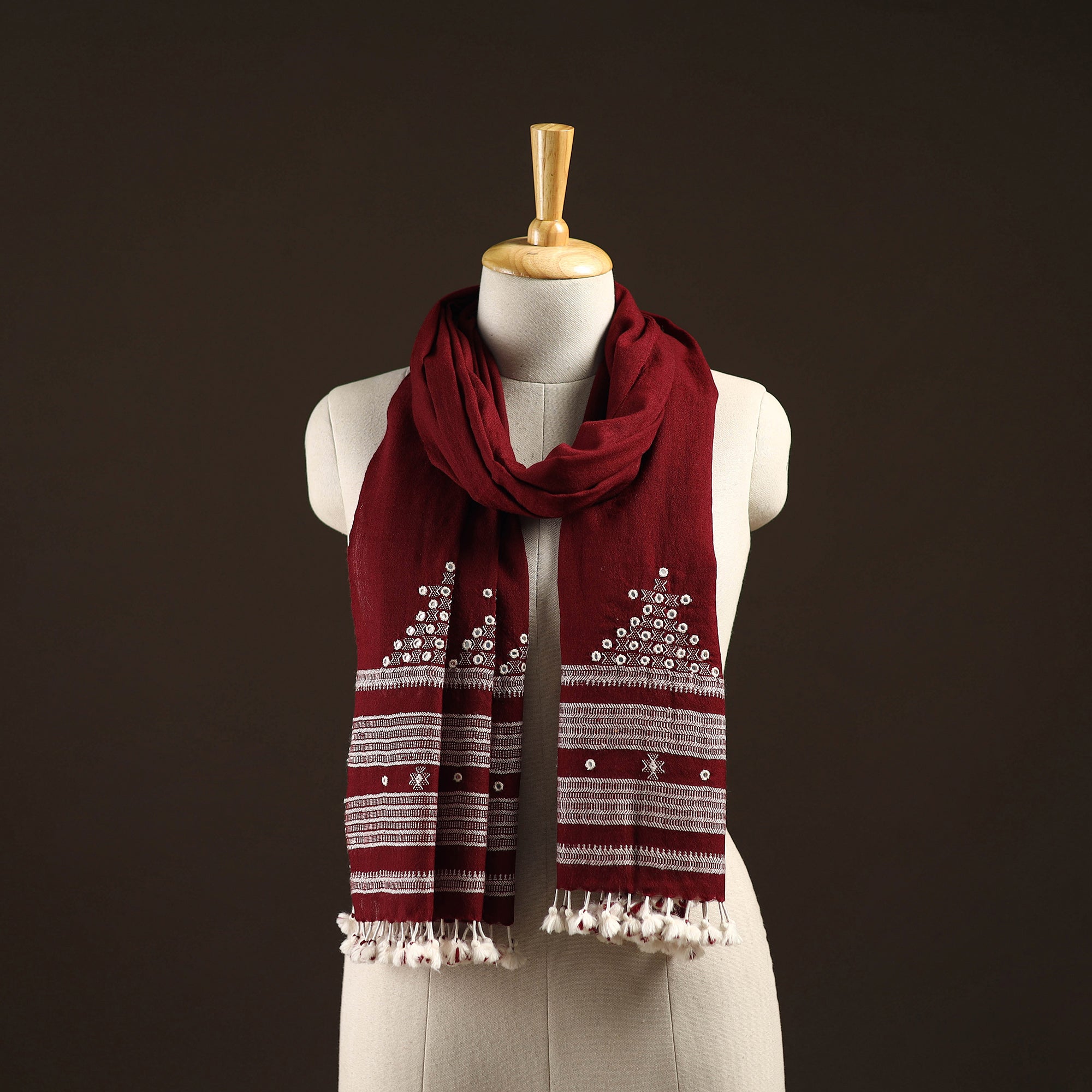 Maroon Kutch Handwoven Mirror Work Merino Wool Embroidered Stole