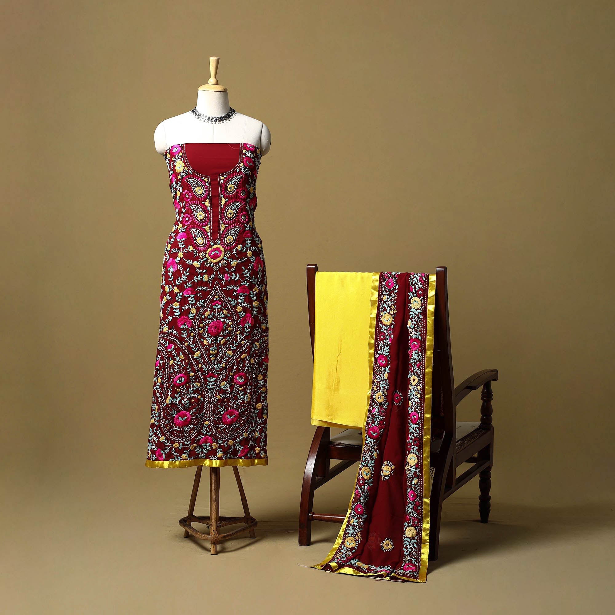 Maroon Ranihati Chapa Work Hand Embroidery Georgette 3pc Unstitched ...