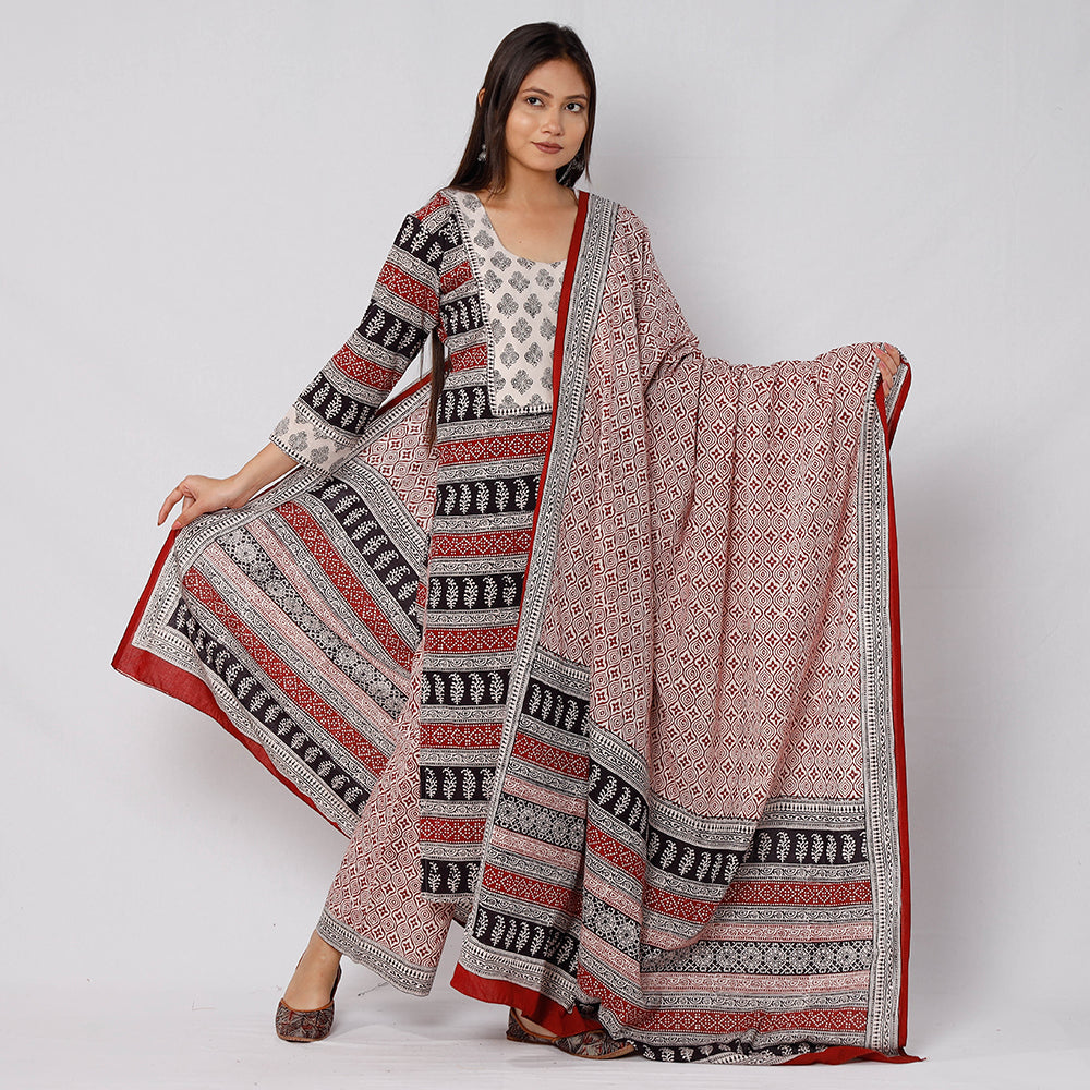 Bagh Block Printing Cotton Long Kurta with Palazzo & Dupatta Set 13