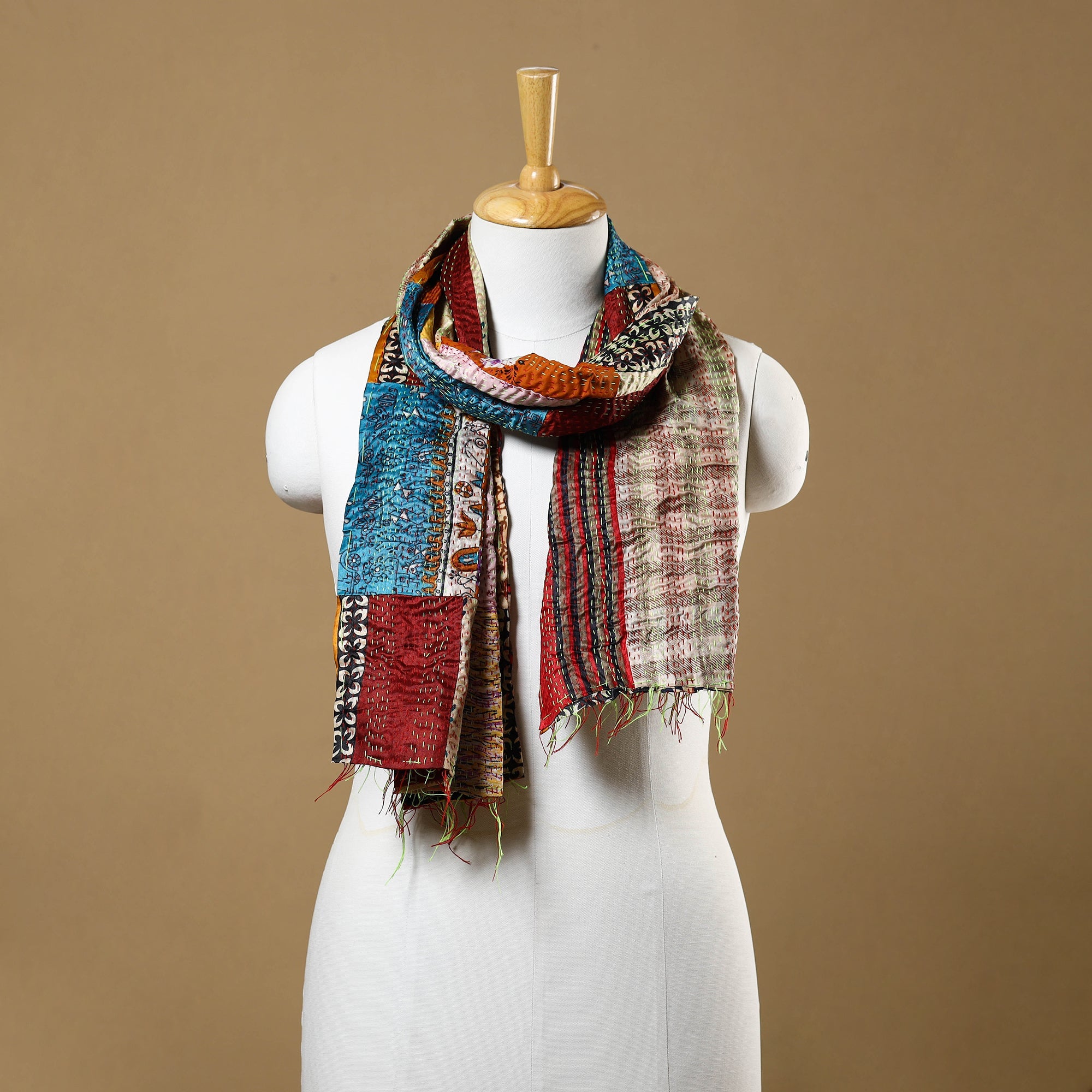 Multicolor Bengal Kantha Work Reversible Patchwork Silk Stole