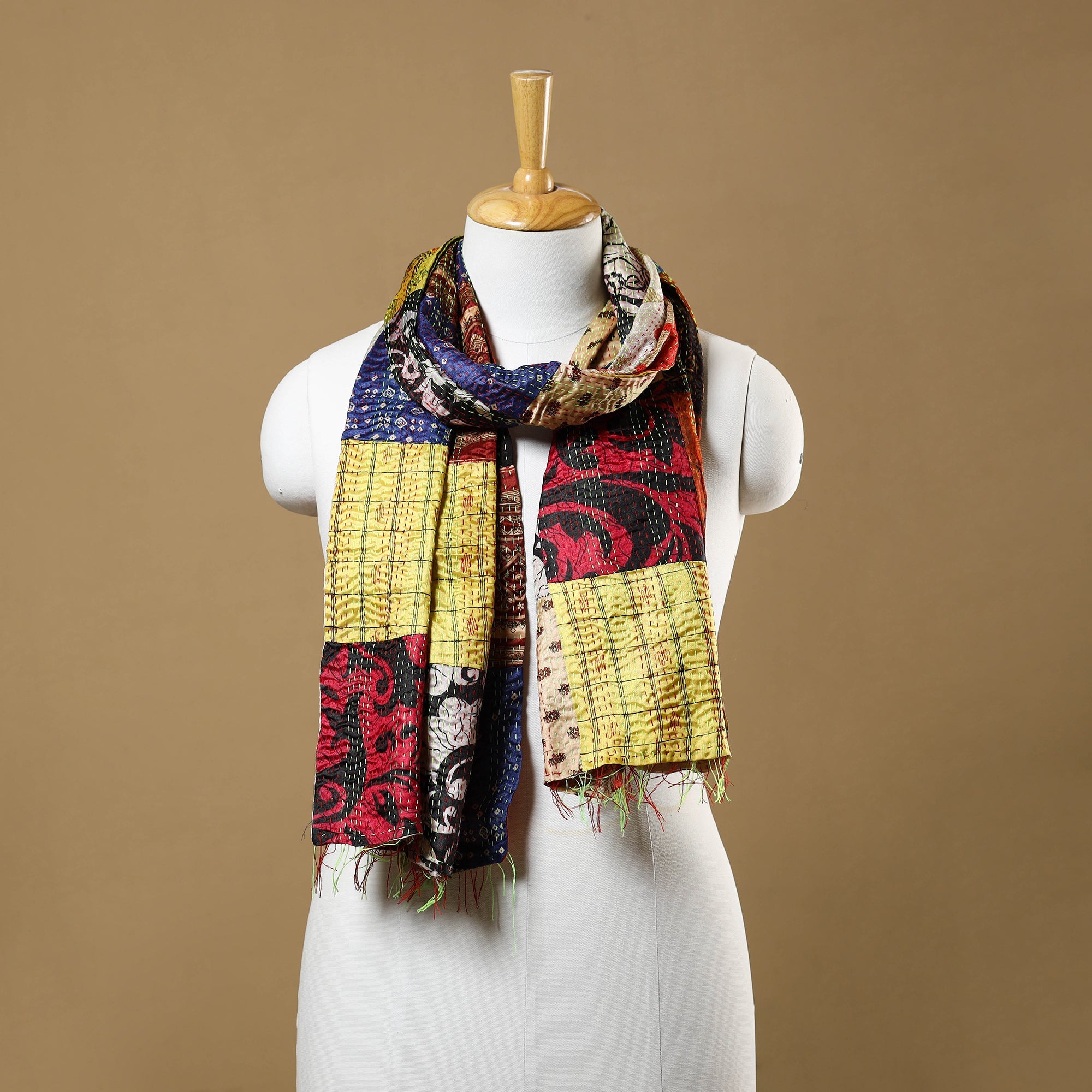 Multicolor Bengal Kantha Work Reversible Patchwork Silk Stole