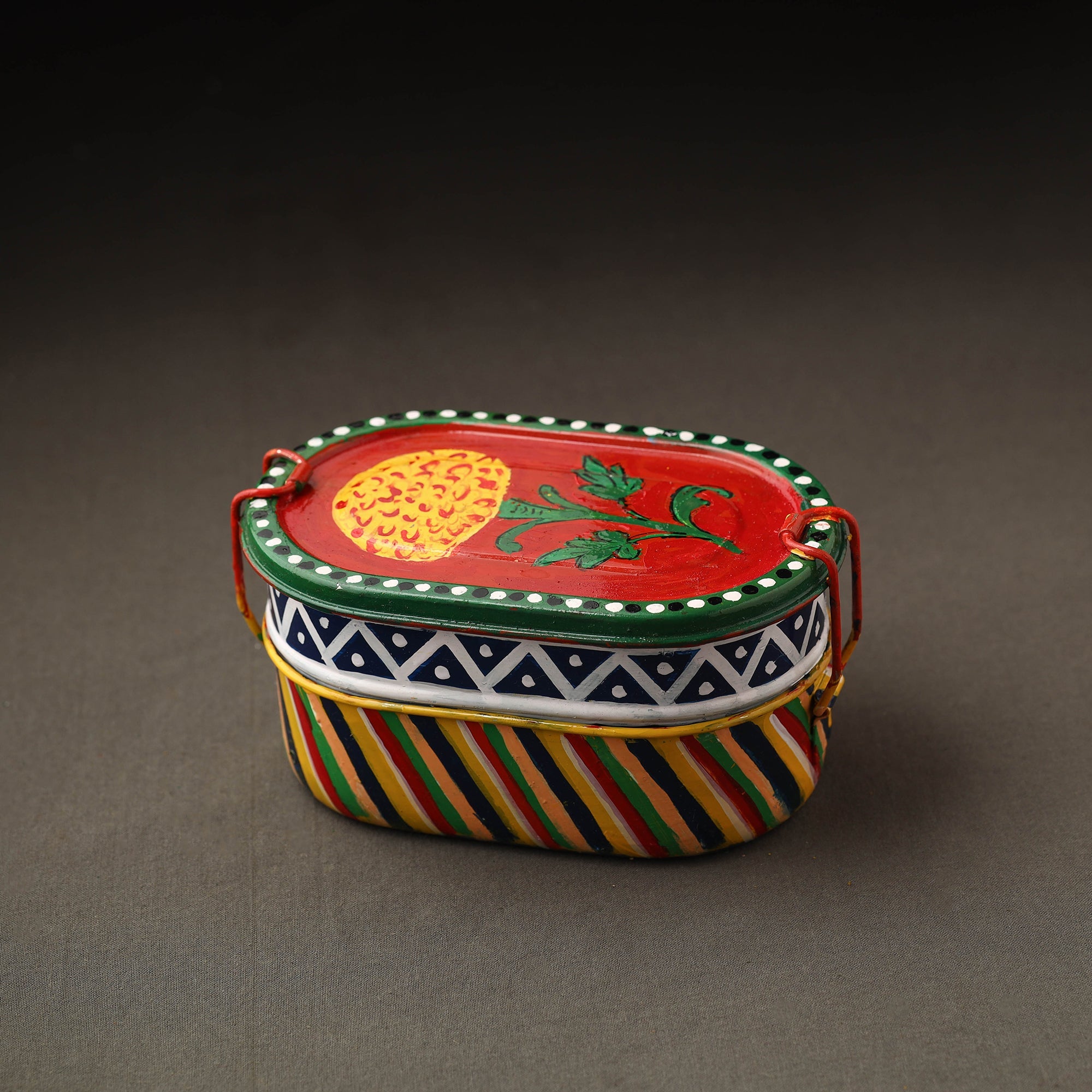 Multicolor Kavad Handpainted Stainless Steel 2 Tier Capsule Shape Lunch Box