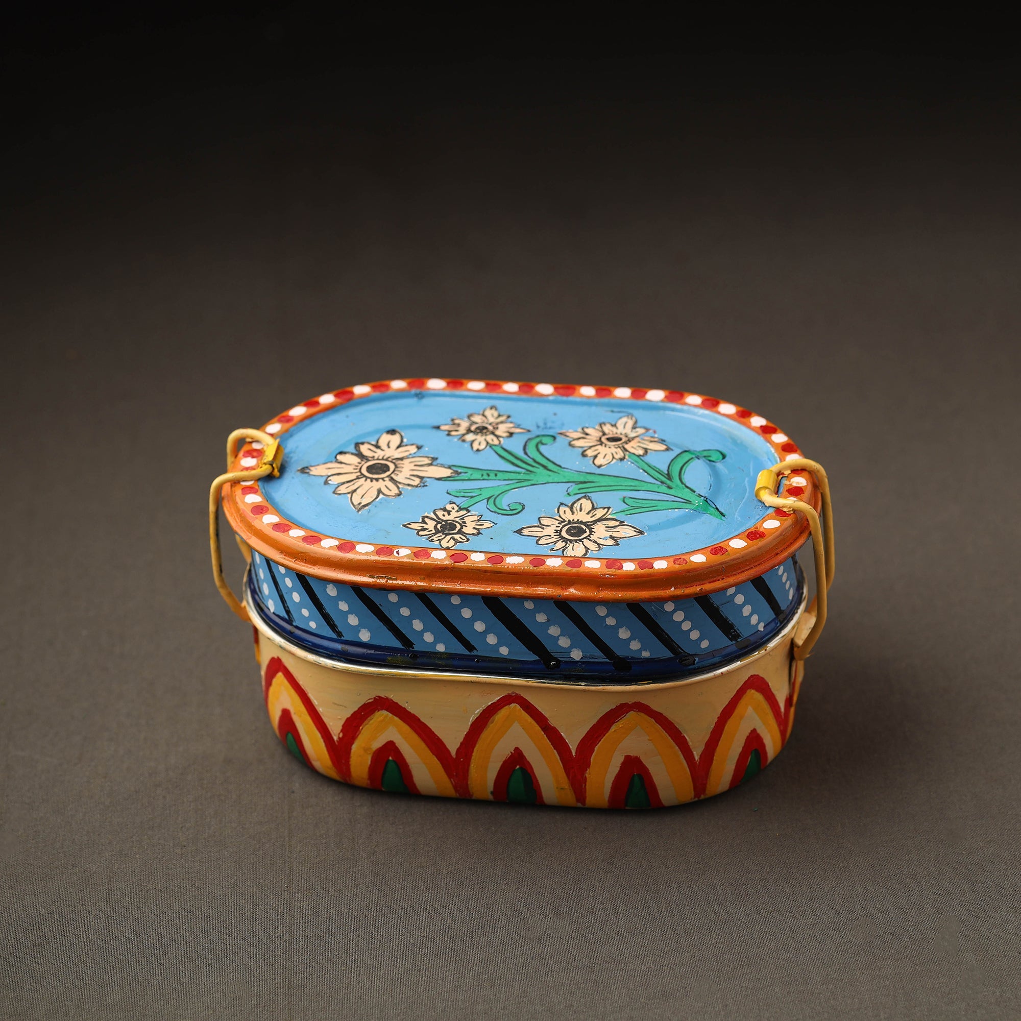Multicolor Kavad Handpainted Stainless Steel 2 Tier Capsule Shape Lunch Box