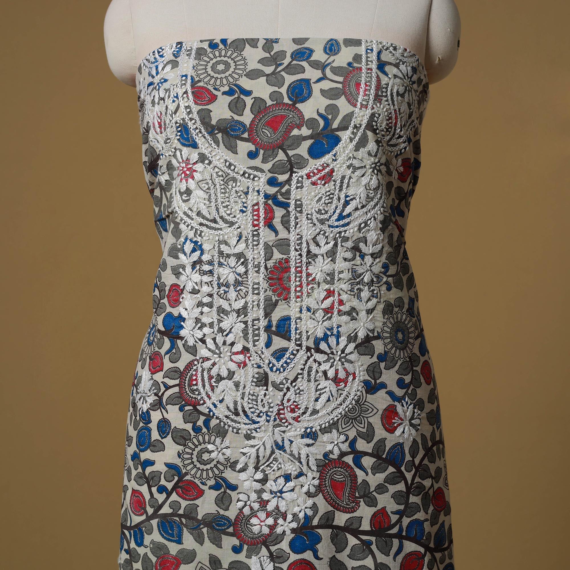 Multicolor Lucknowi Chikankari Hand Work Kalamkari Unstitched Kurta ...