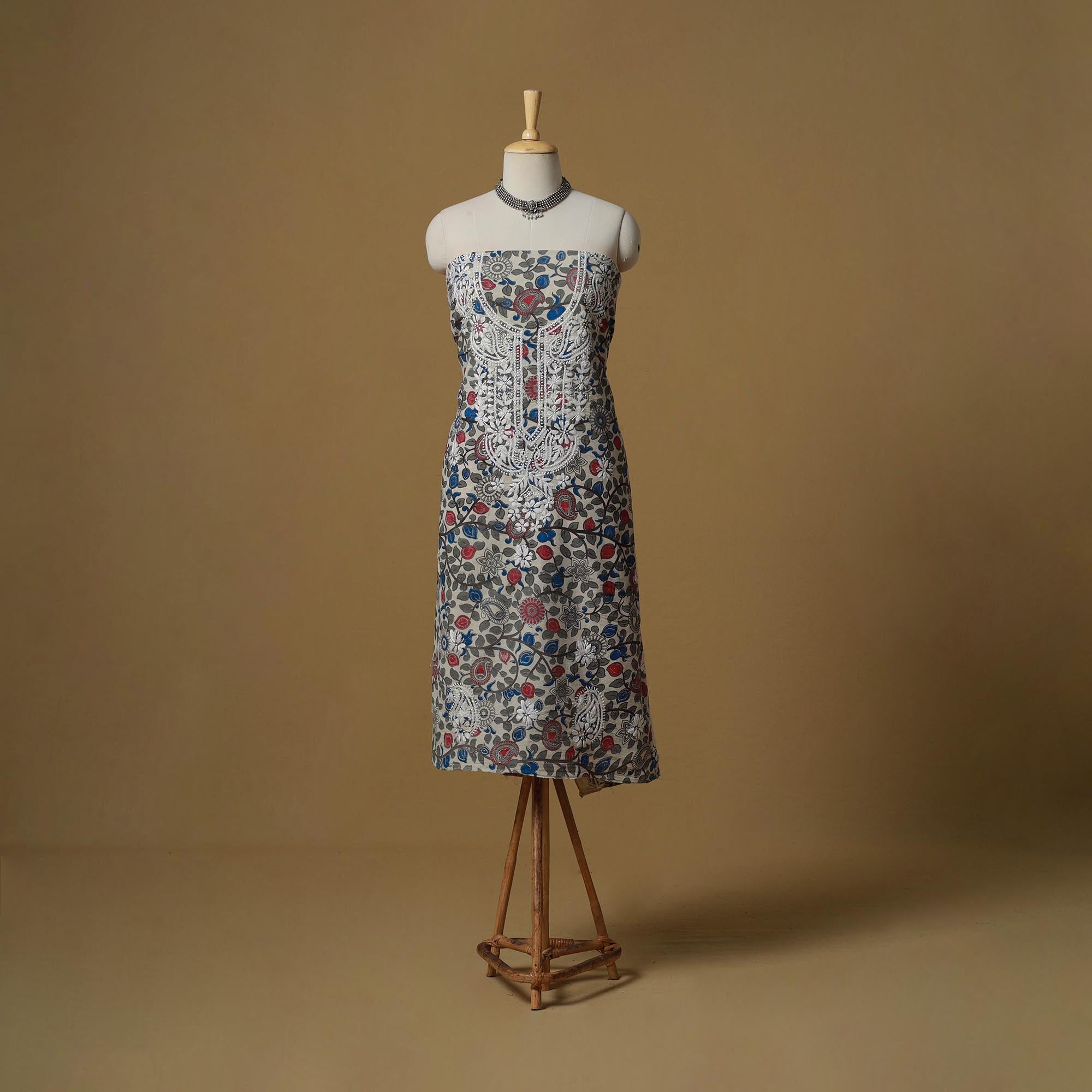 Multicolor Lucknowi Chikankari Hand Work Kalamkari Unstitched Kurta ...