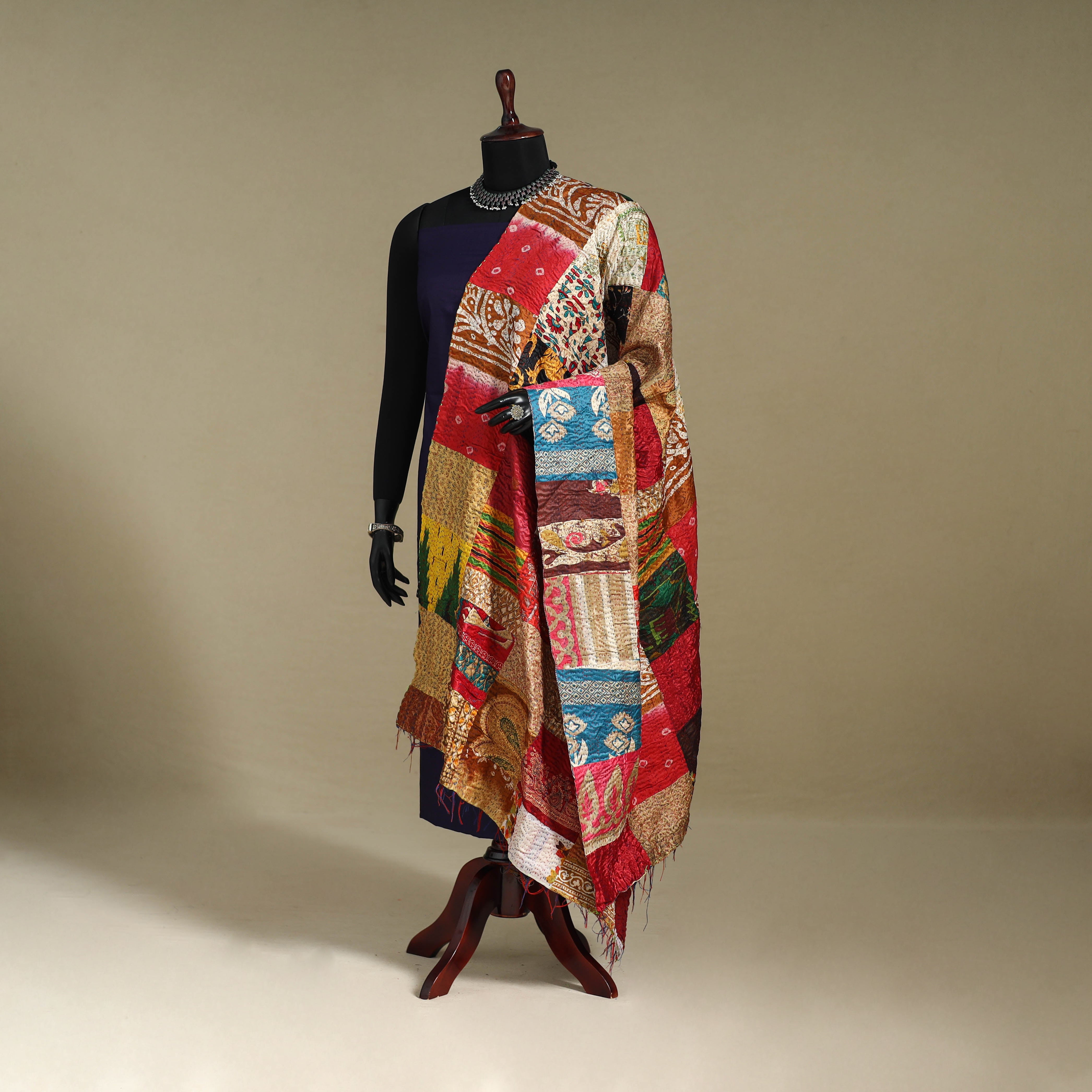 Multicolor Patchwork Reversible Silk Bengal Kantha Work Dupatta