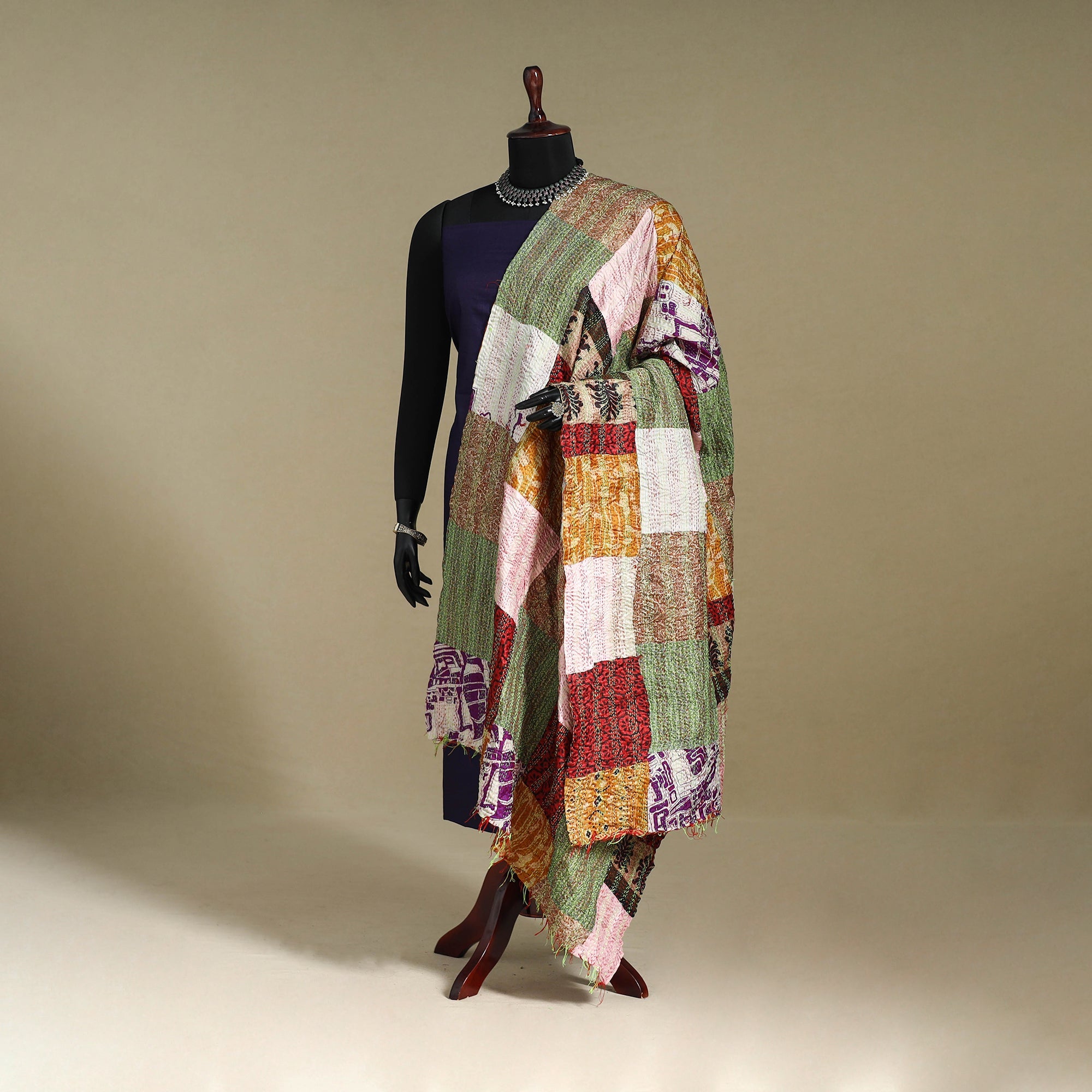 Multicolor Patchwork Reversible Silk Bengal Kantha Work Dupatta