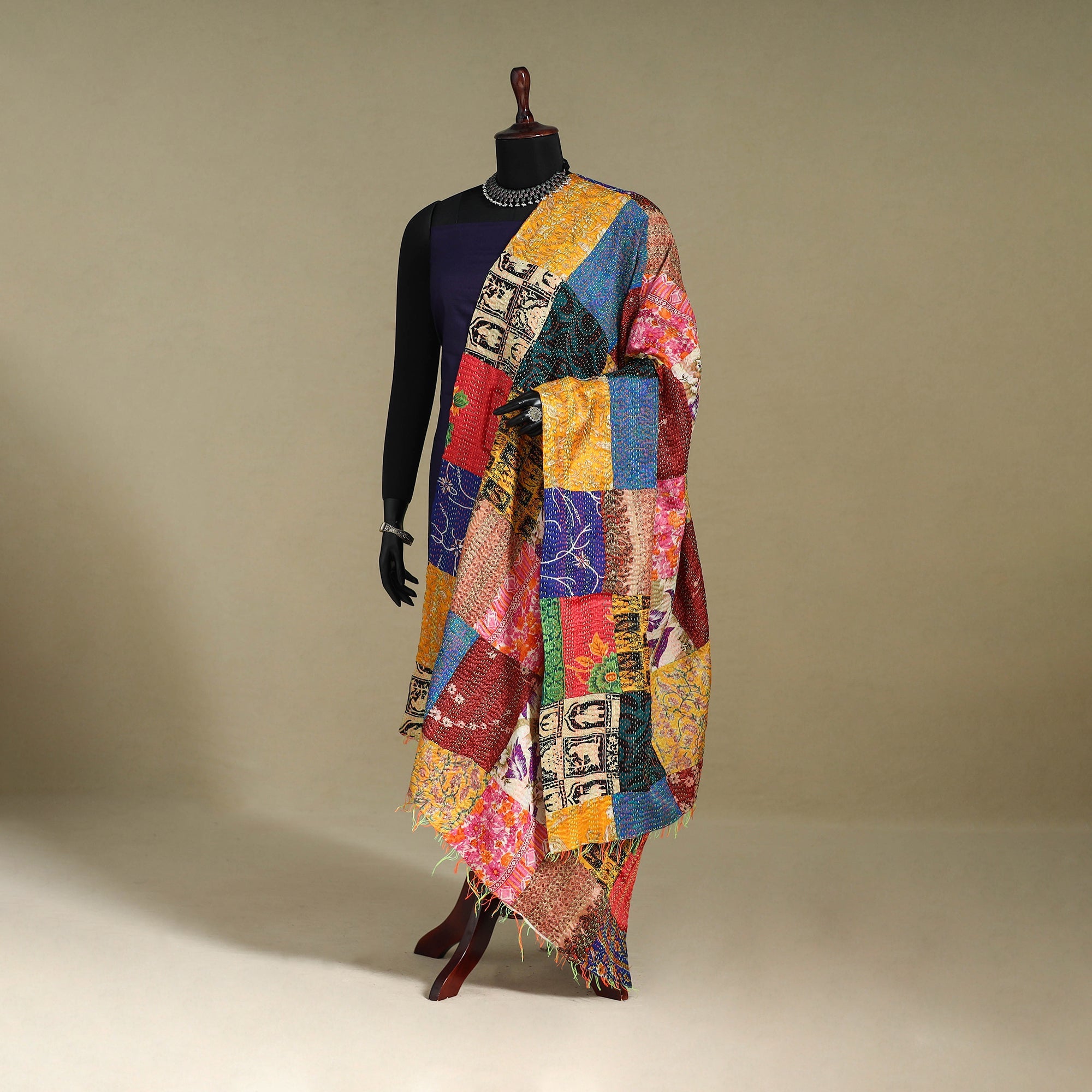 Multicolor Patchwork Reversible Silk Bengal Kantha Work Dupatta