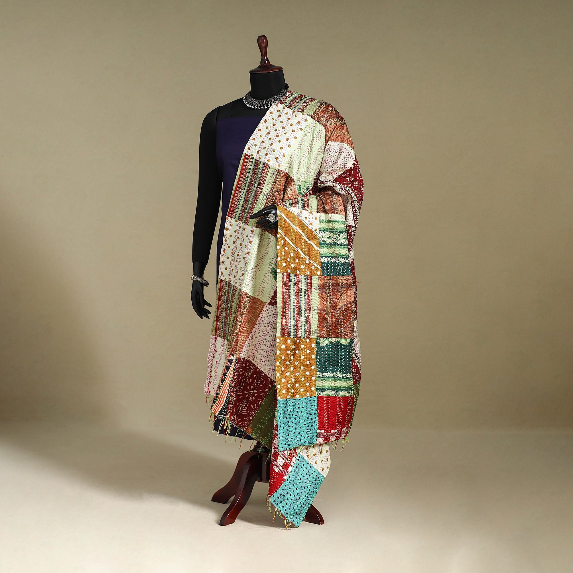 Multicolor Patchwork Reversible Silk Bengal Kantha Work Dupatta