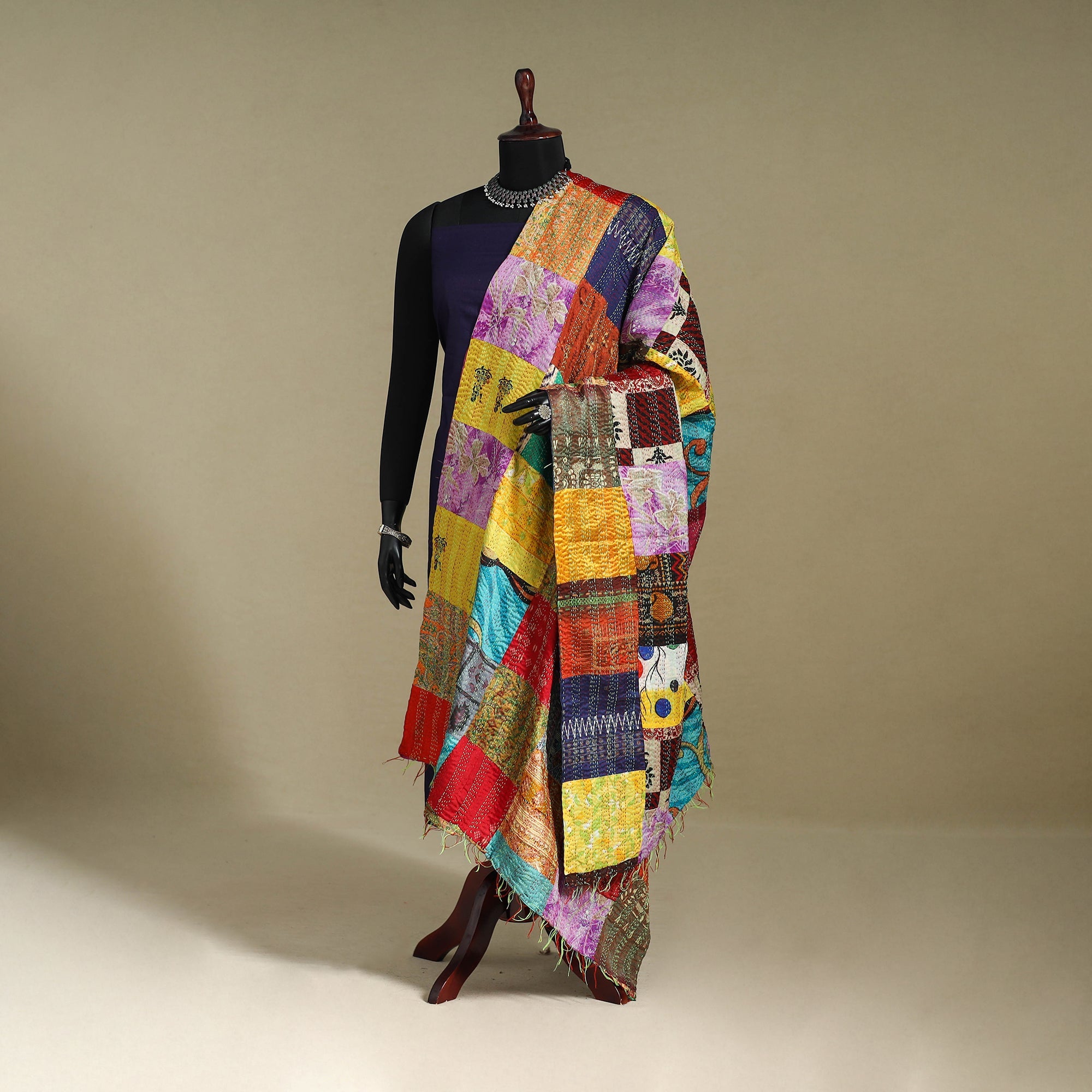 Multicolor Patchwork Reversible Silk Bengal Kantha Work Dupatta