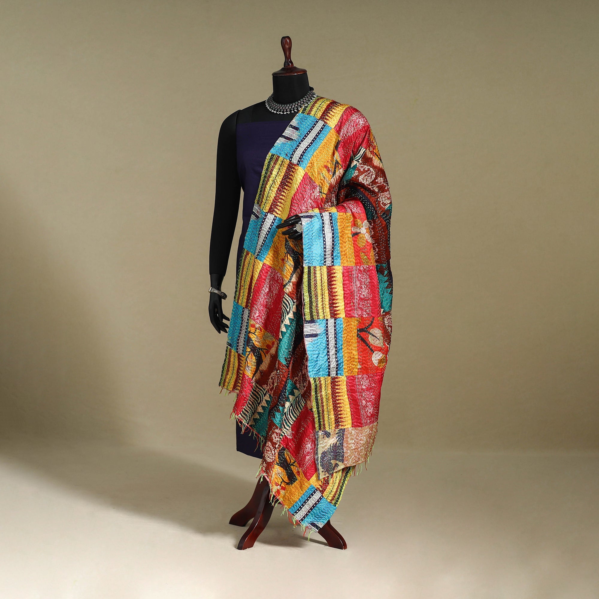 Multicolor Patchwork Reversible Silk Bengal Kantha Work Dupatta