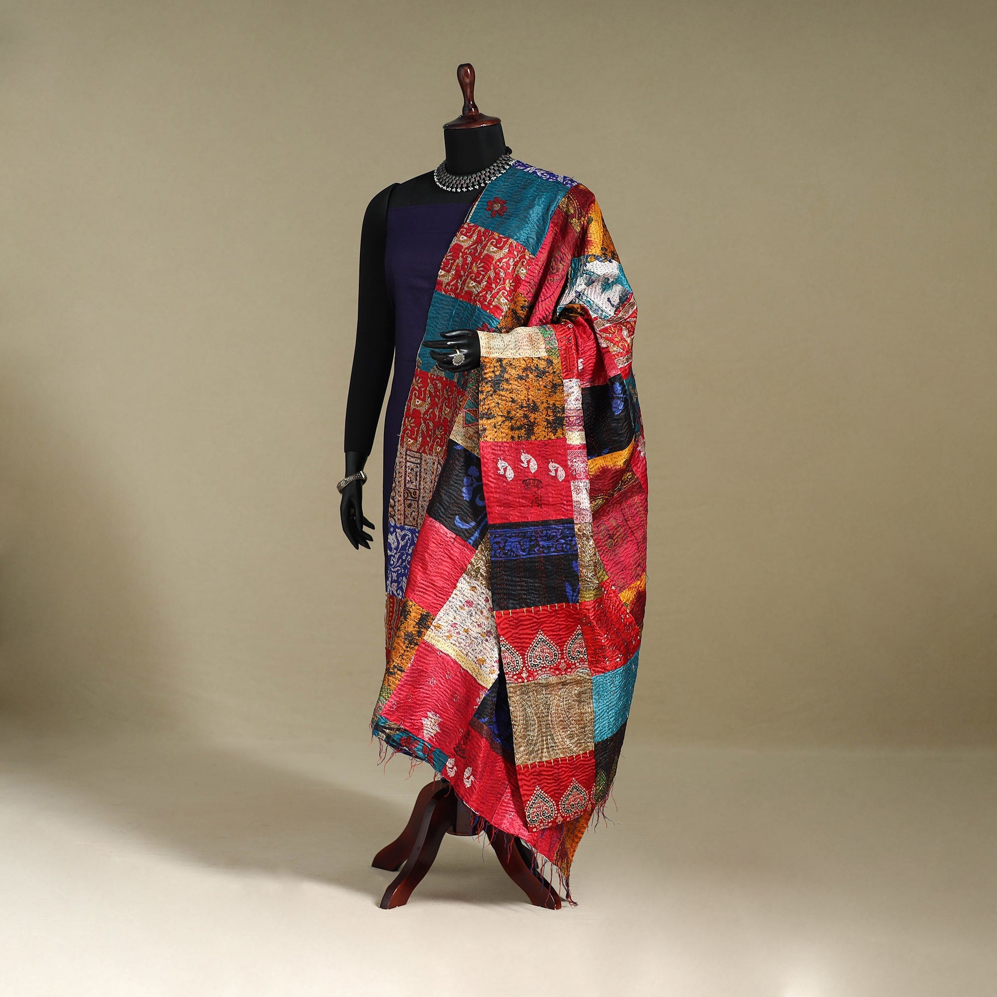 Multicolor Patchwork Reversible Silk Bengal Kantha Work Dupatta
