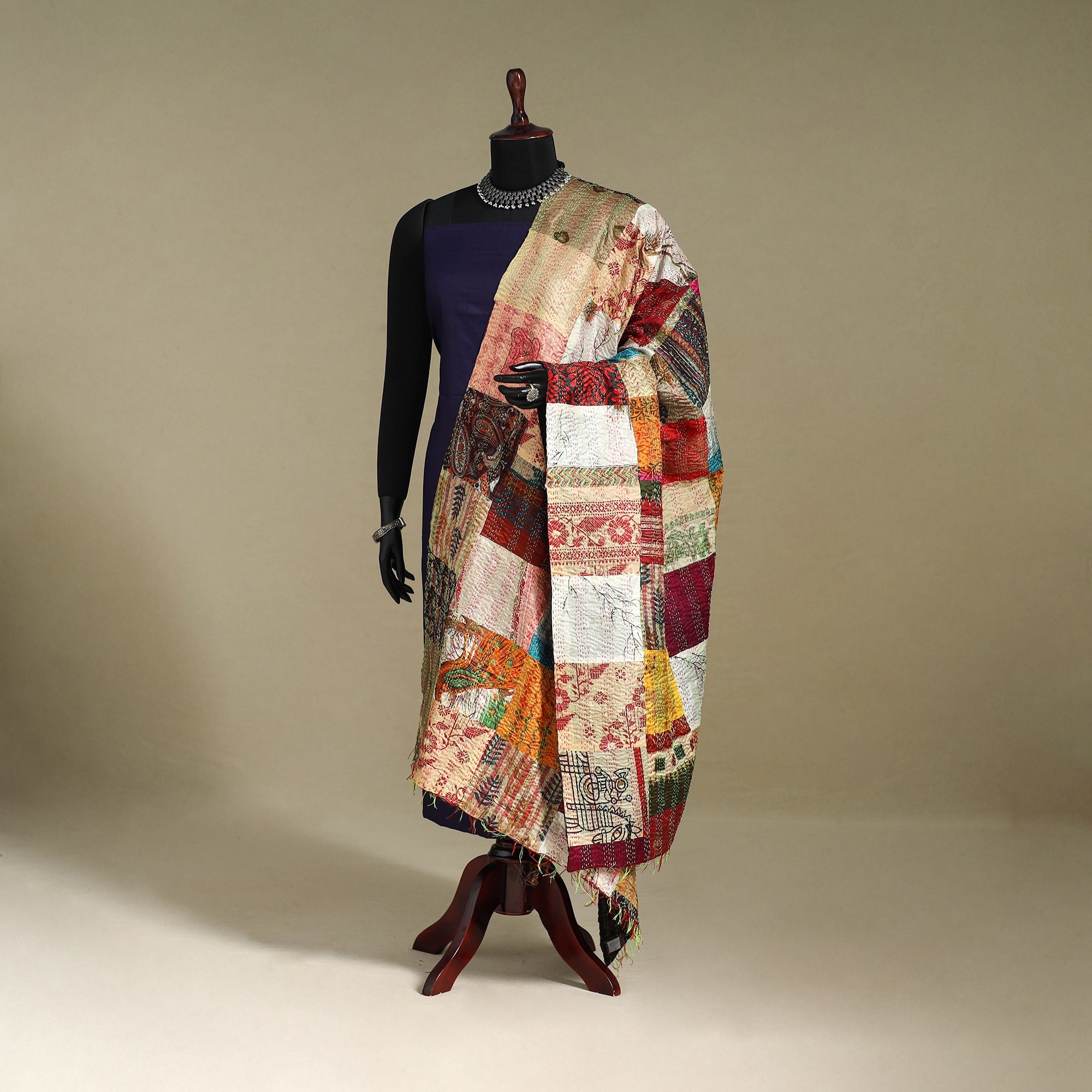 Multicolor Patchwork Reversible Silk Bengal Kantha Work Dupatta