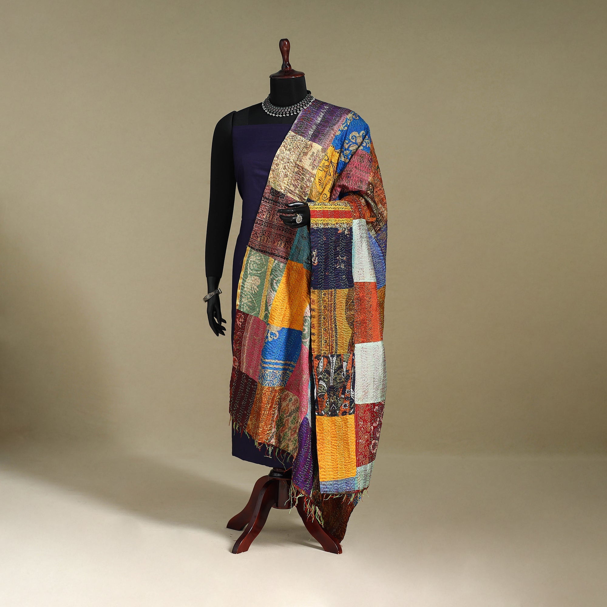 Multicolor Patchwork Reversible Silk Bengal Kantha Work Dupatta