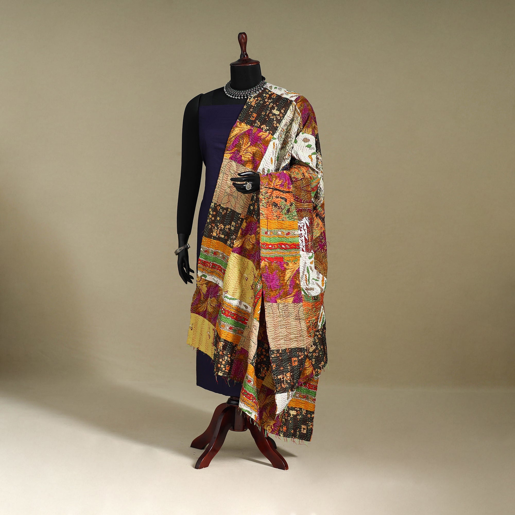 Multicolor Patchwork Reversible Silk Bengal Kantha Work Dupatta