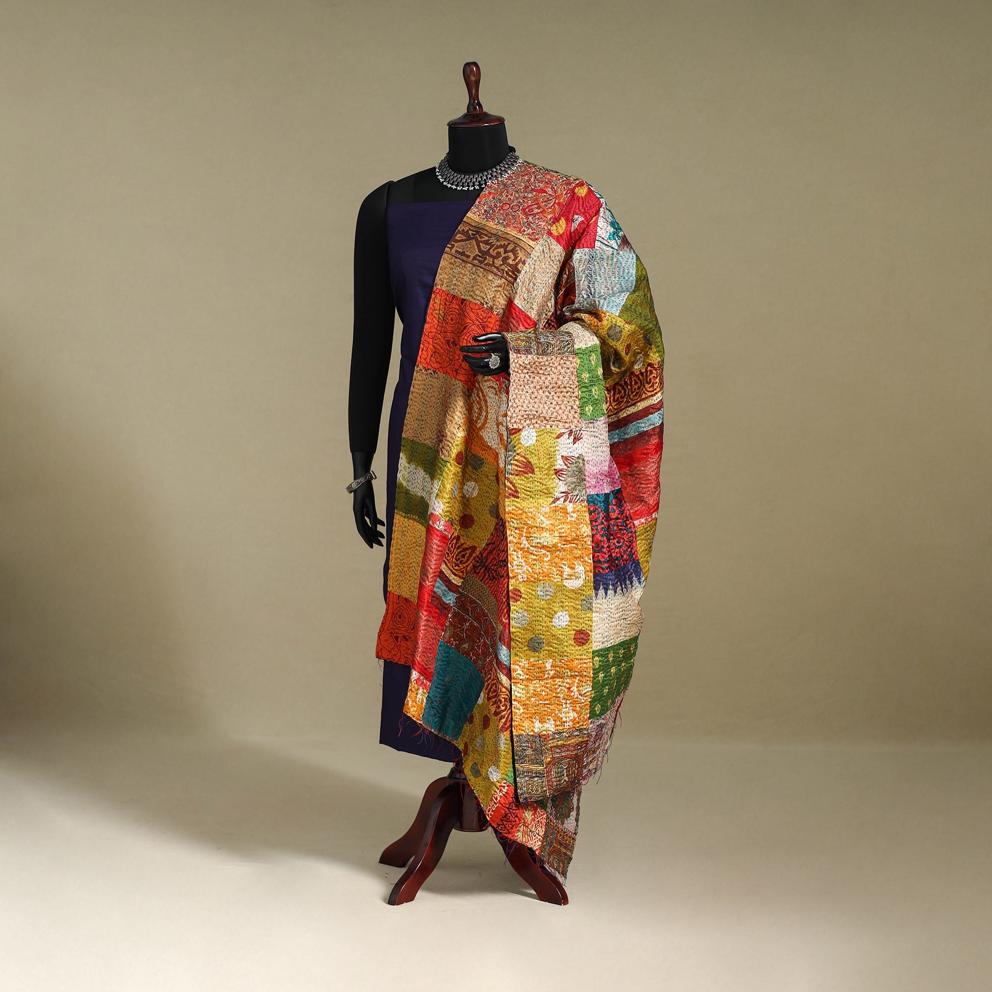 Multicolor Patchwork Reversible Silk Bengal Kantha Work Dupatta