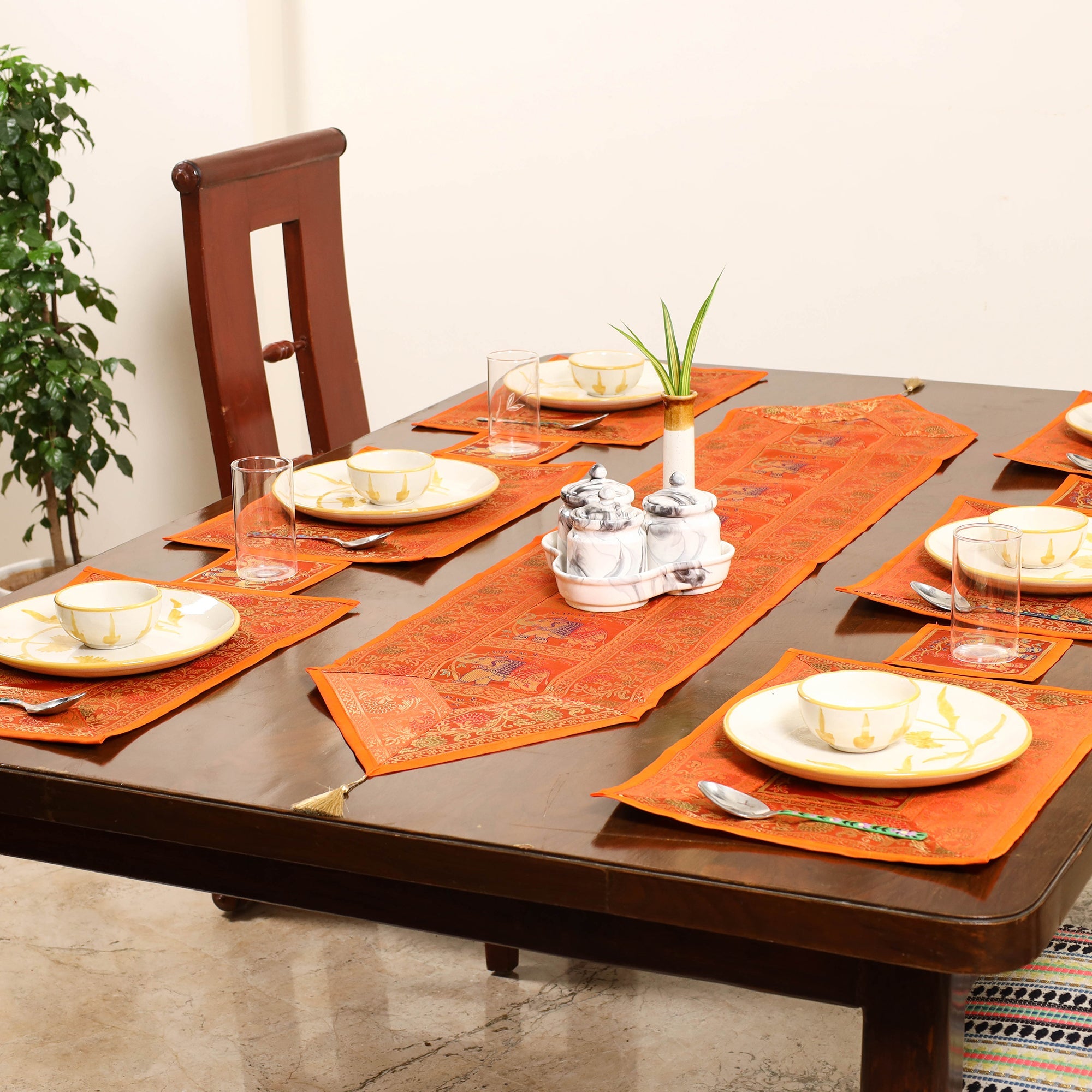 Orange 13pc Dining Table Linen Set in Brocade Banarasi Silk