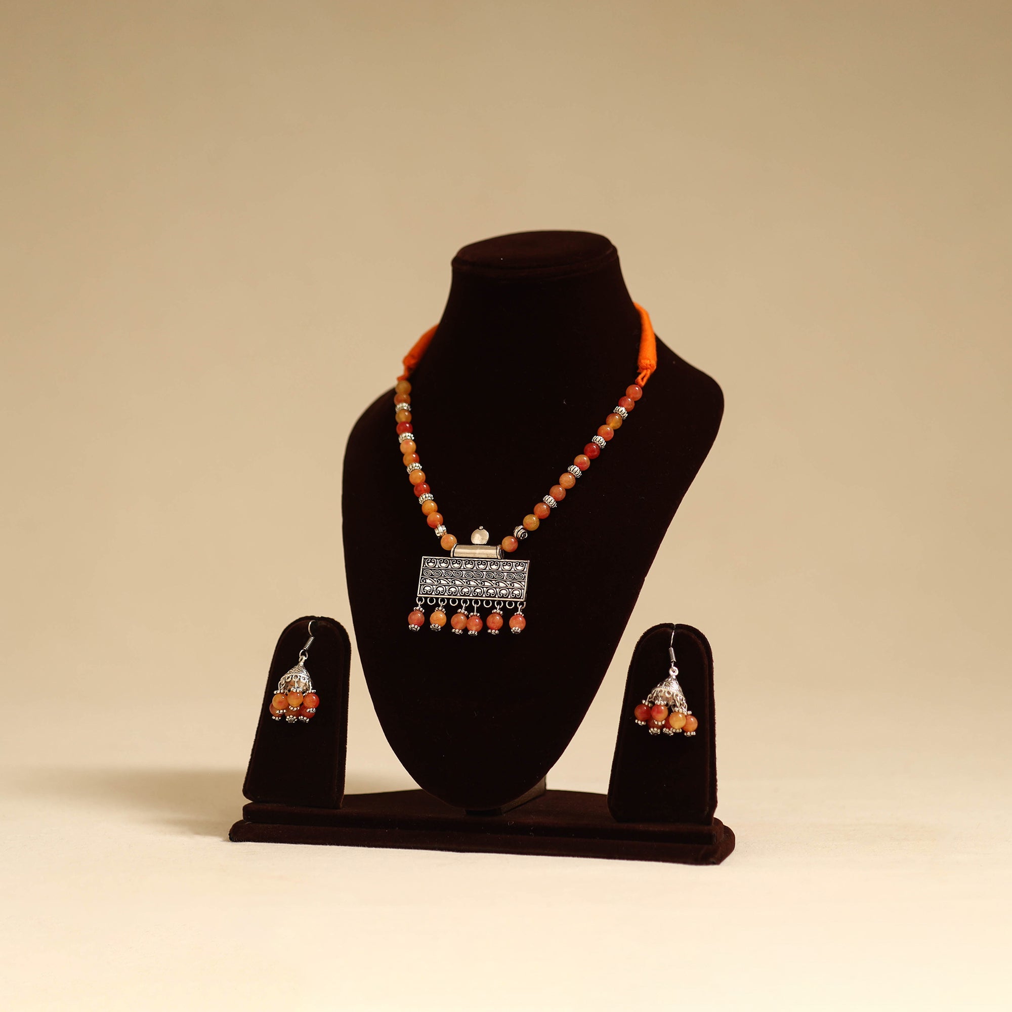 Orange German Silver Necklace Set with Glass Stones