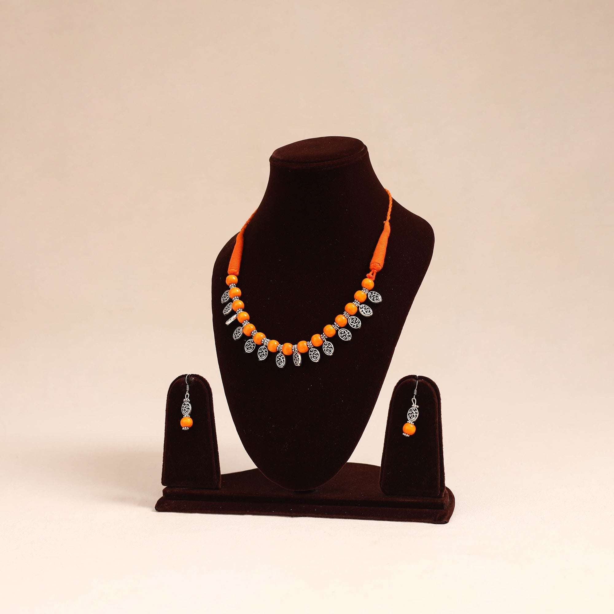 Orange German Silver Wooden Beads Necklace Set