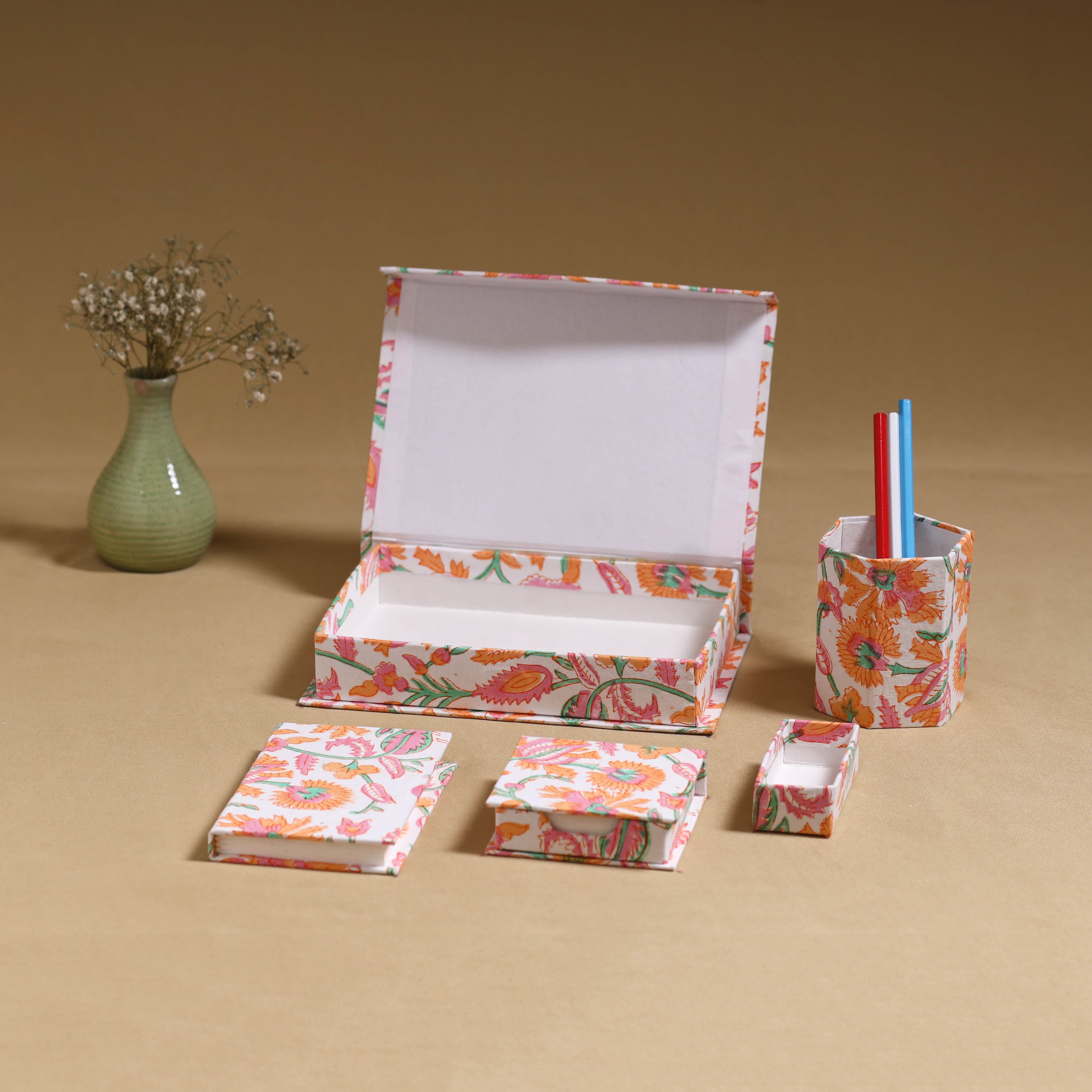 Orange Handcrafted Floral Print Organizer Stationery Kit