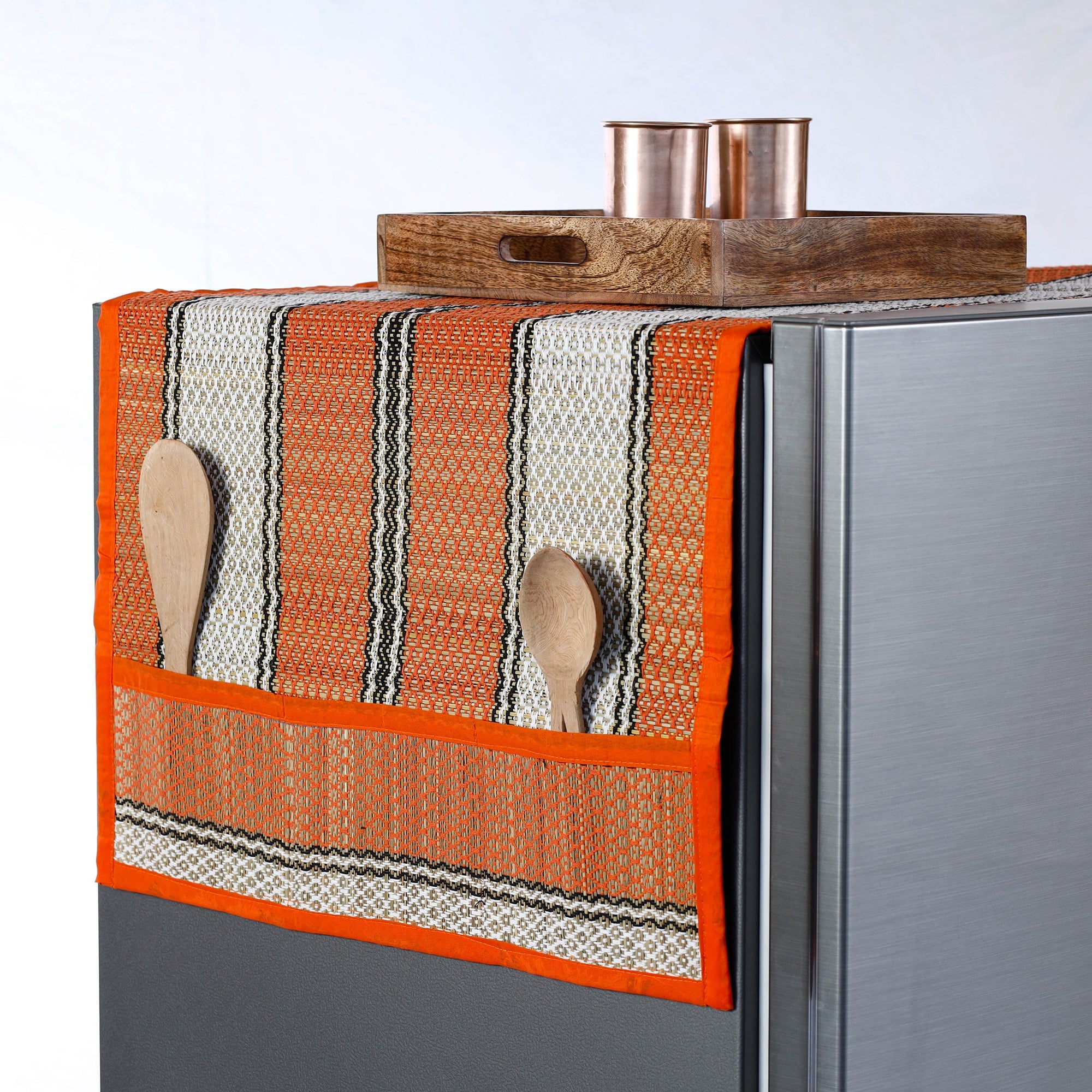 Orange Madur Grass Fridge Top Cover with Multiple Pockets