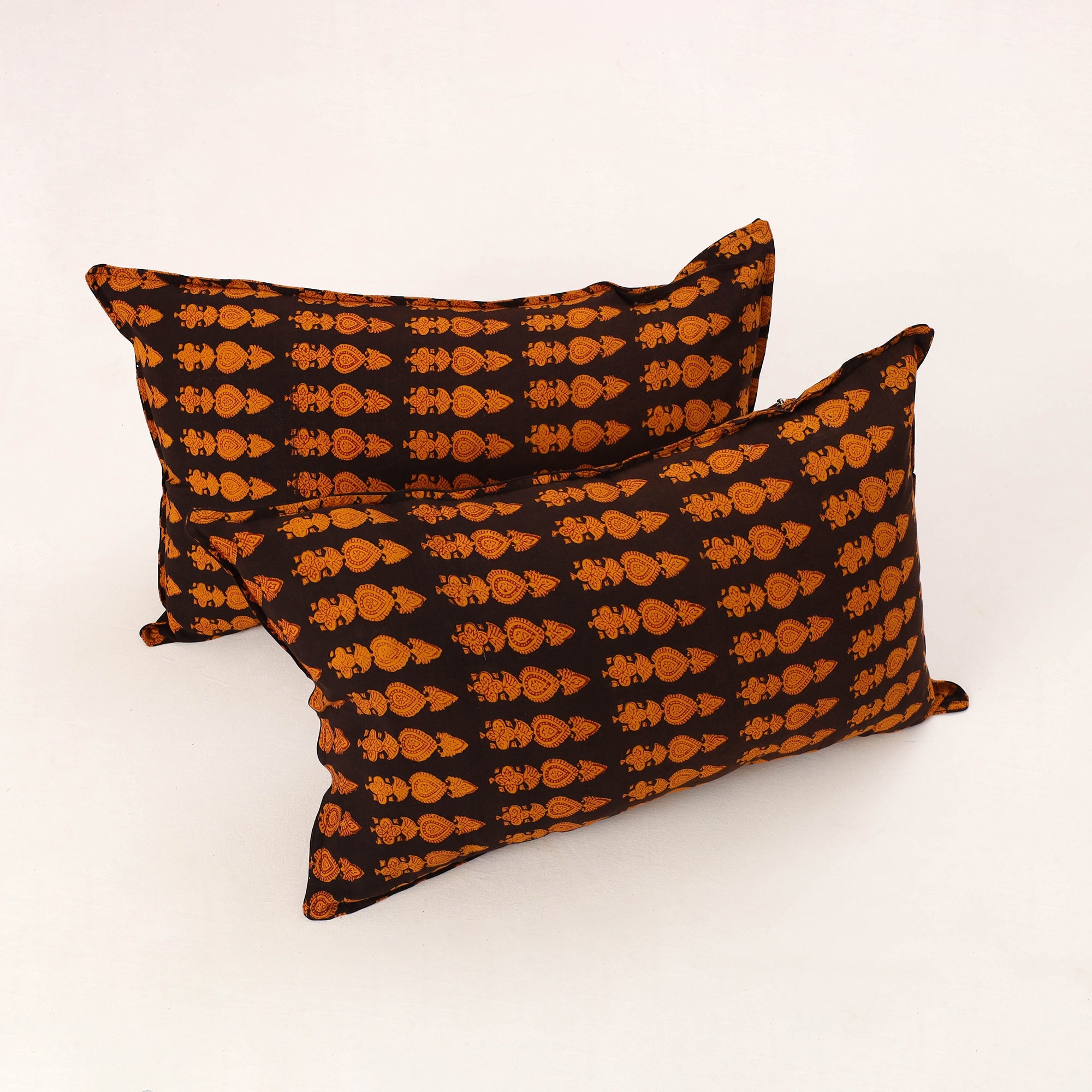 Set of 2 Orange Bagh Block Print Cotton Pillow Covers