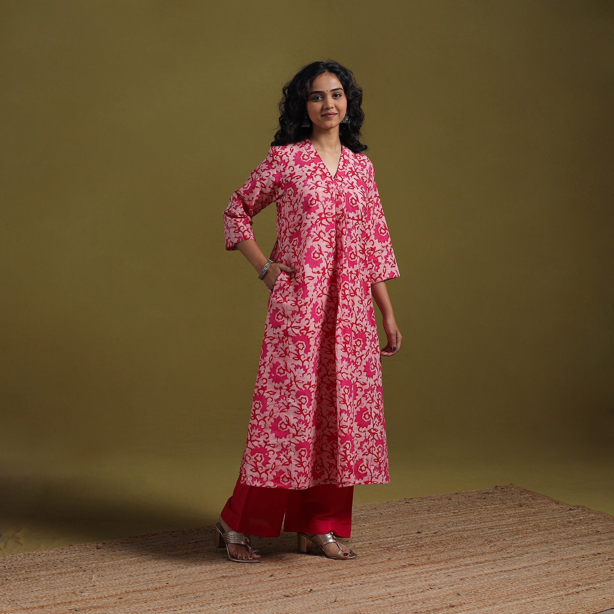 Pink Cotton Hand Block Batik Print Embroidered A-Line Kurta for women