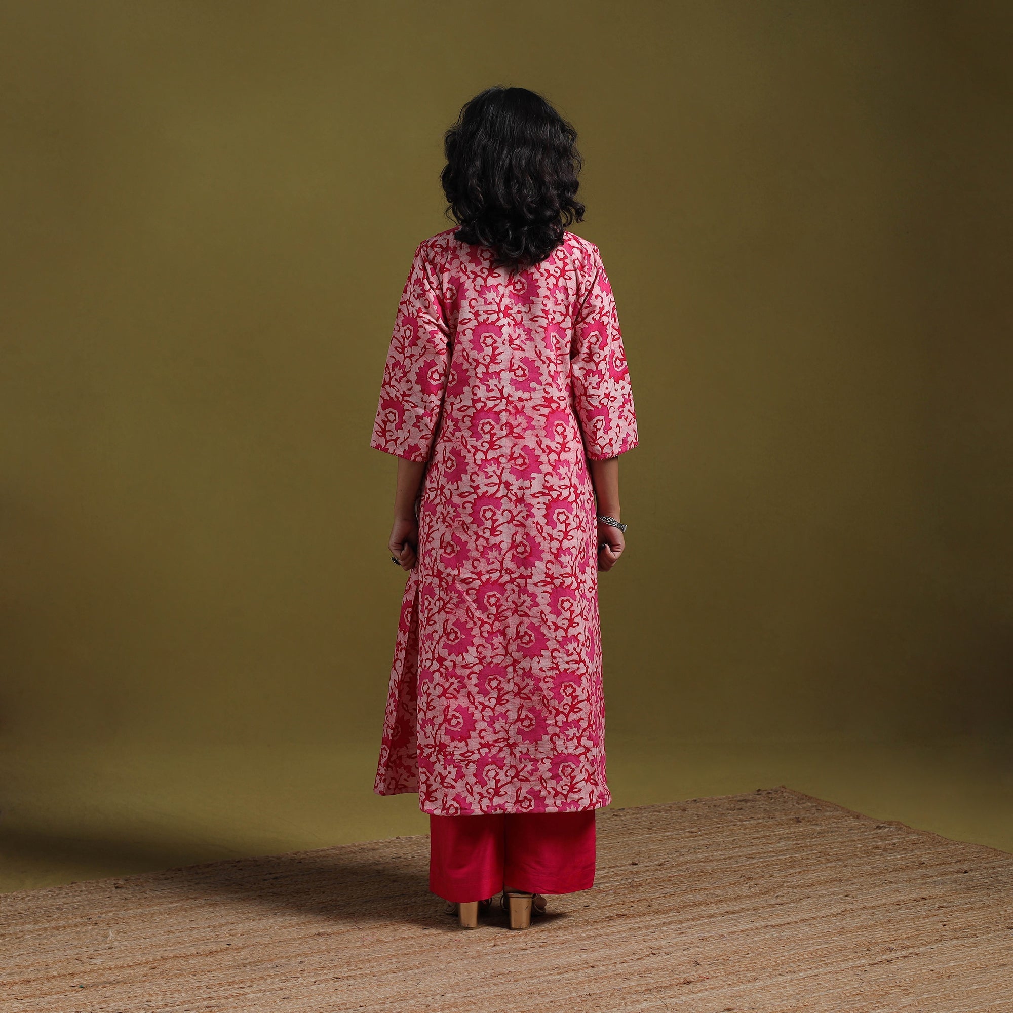 Pink Cotton Hand Block Batik Print Embroidered A-Line Kurta for women