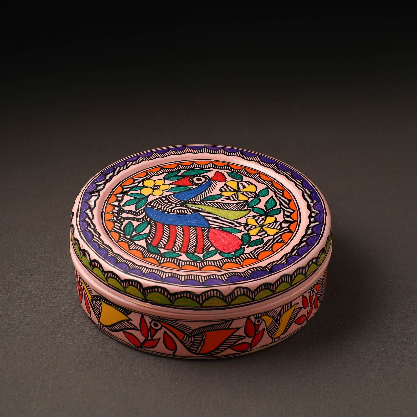 Pink Godna Madhubani Handpainted Stainless Steel Casserole