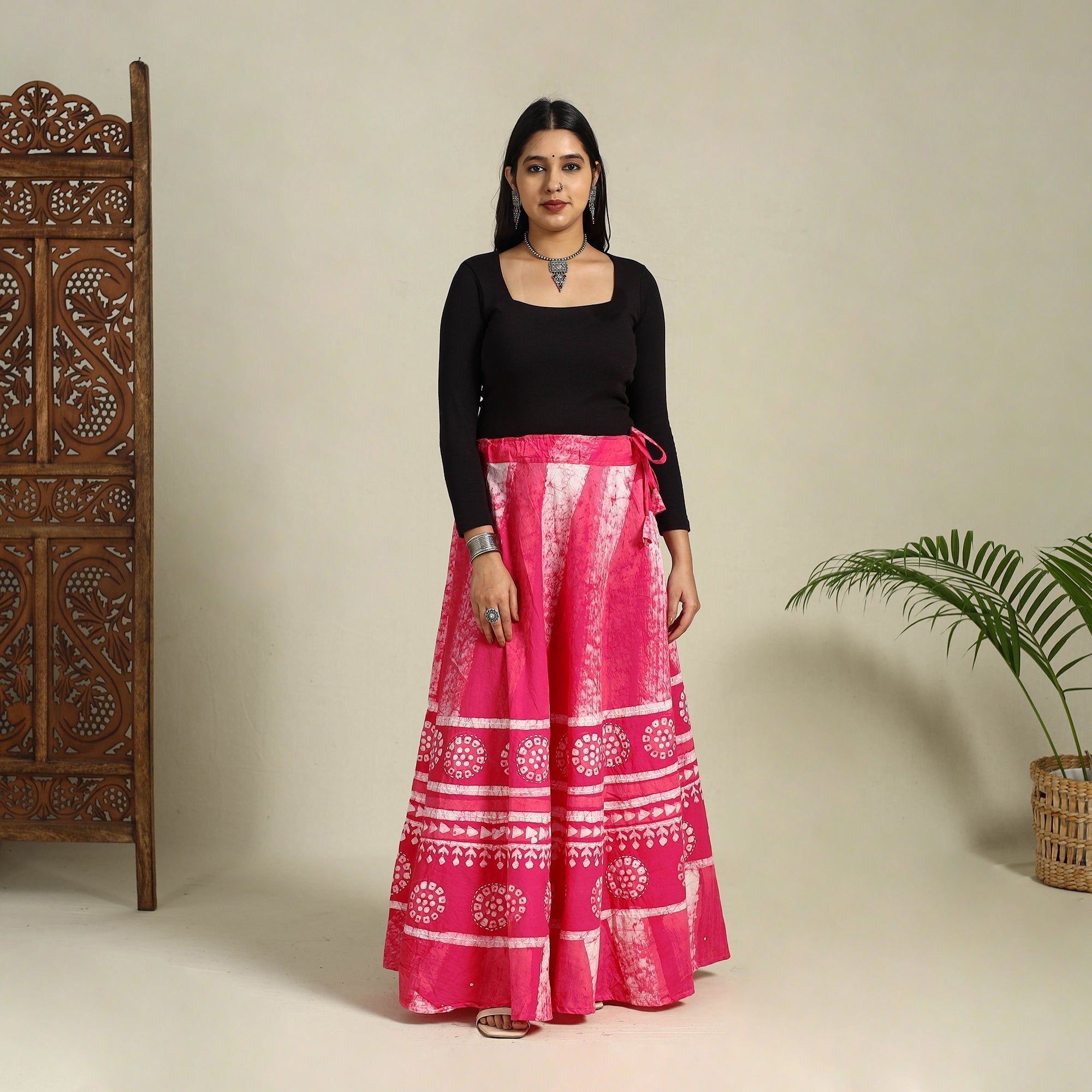 Pink Hand Batik Print Running Stitch Cotton Long Skirt