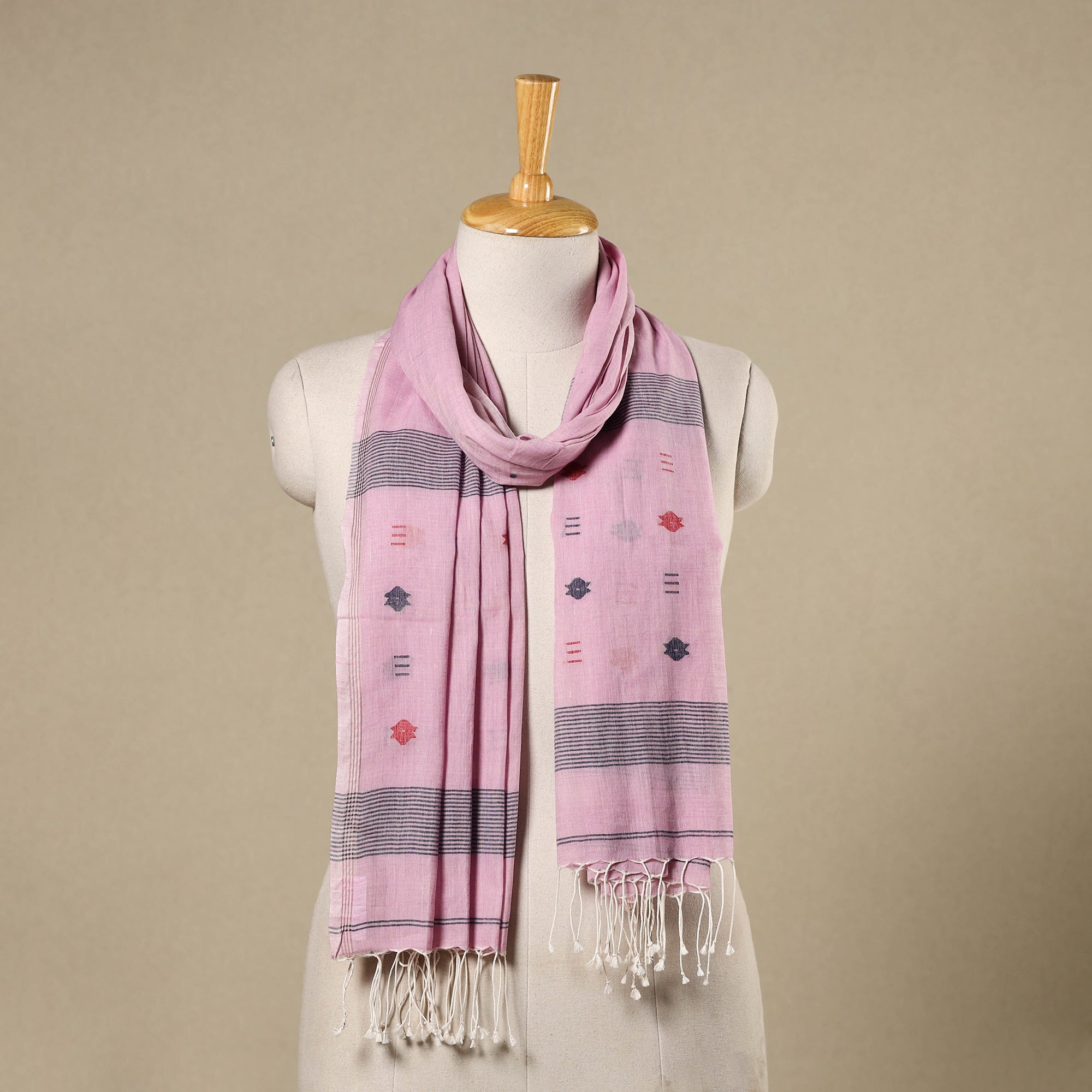 Pink Handloom Cotton Phulia Jamdani Stole with Tassels