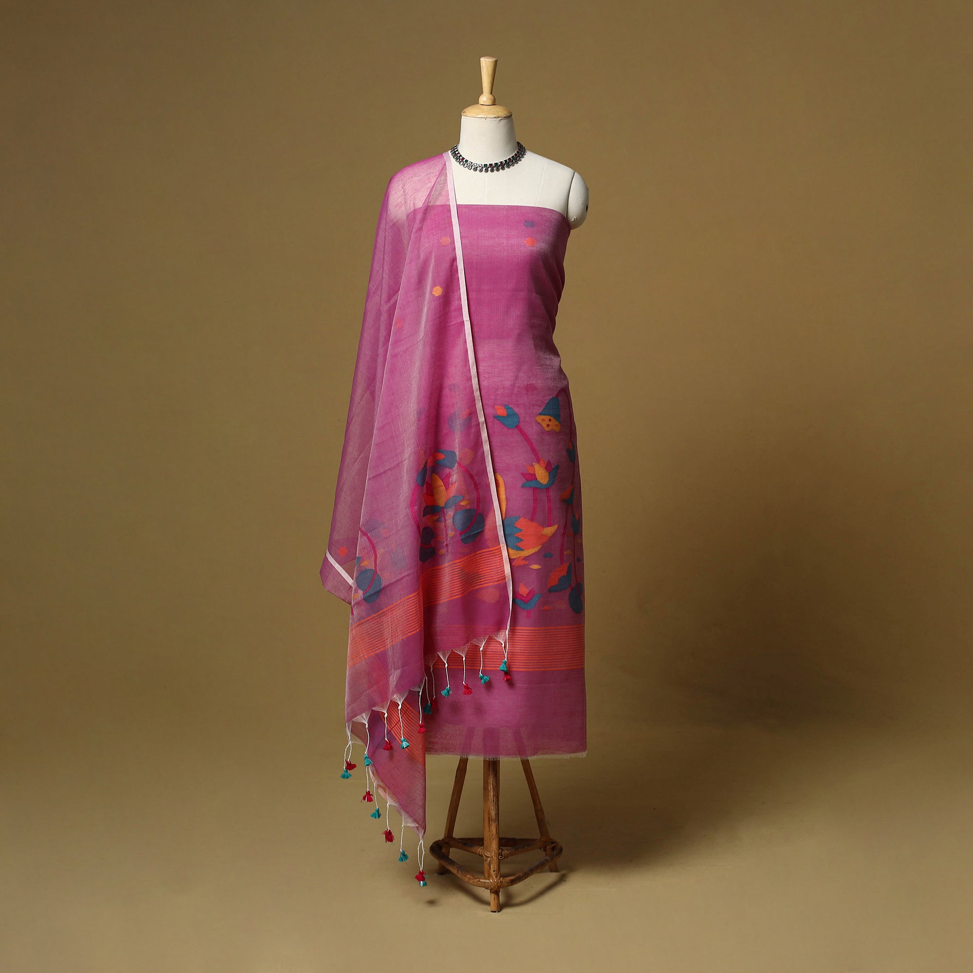 Pink Handloom Phulia Jamdani Silk Cotton 2pc Unstitched Dress Material ...