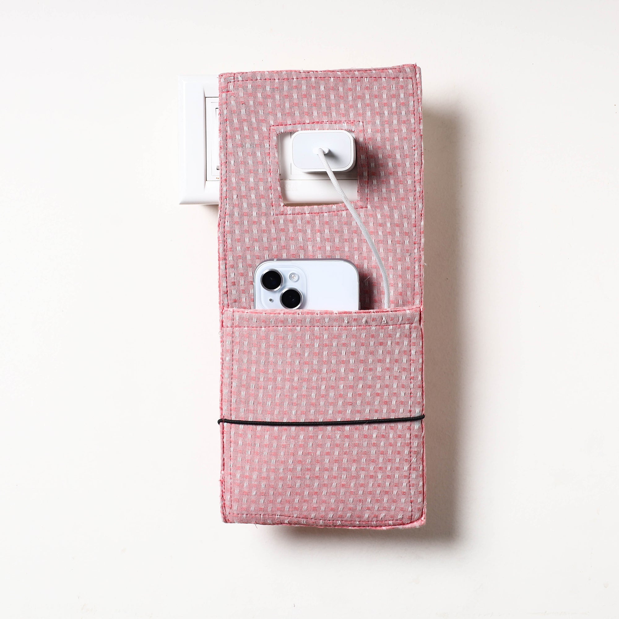 Pink Jacquard Weave Cotton Fabric Mobile Charging Holder