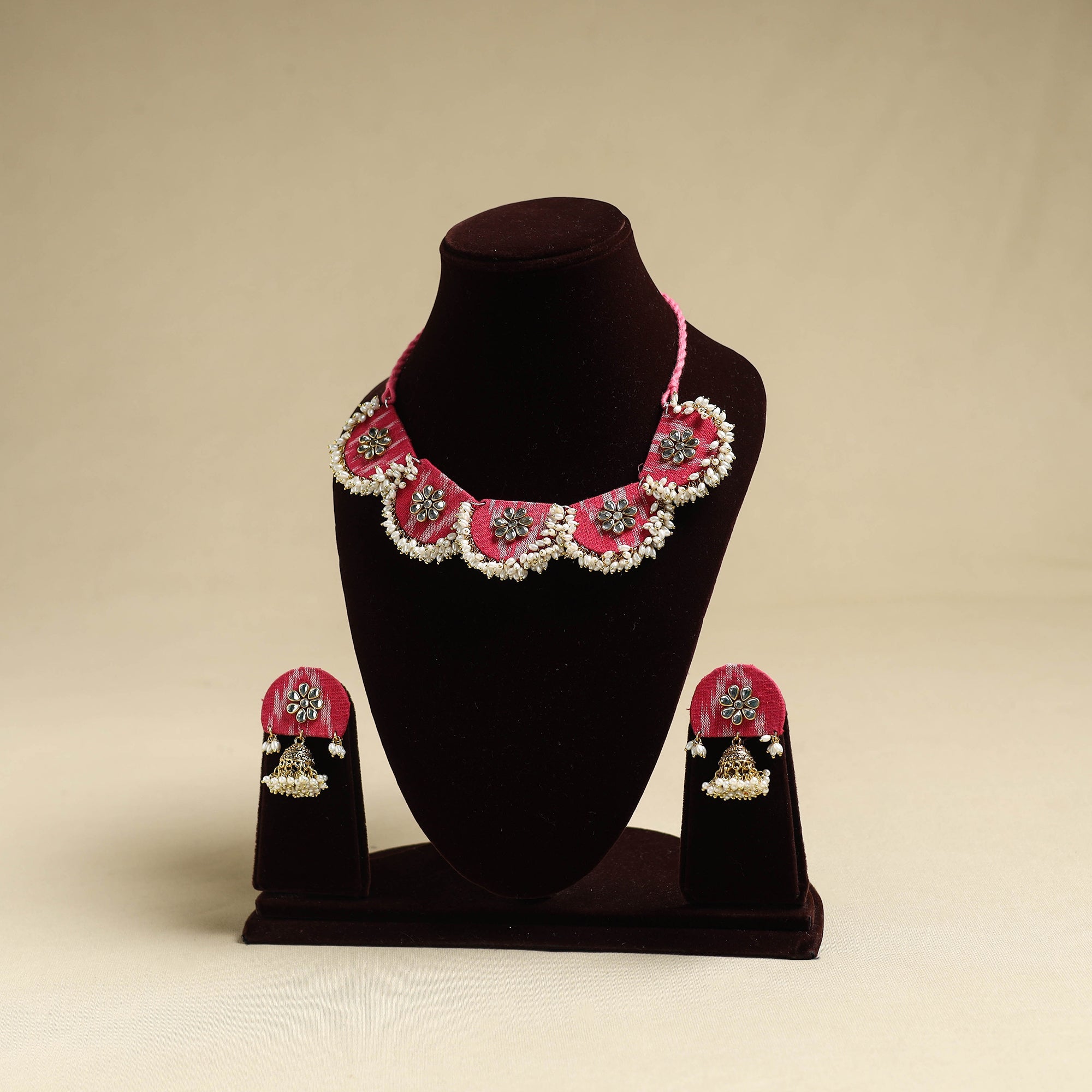 Pink Fabart Pearl & Stone Work Necklace Set
